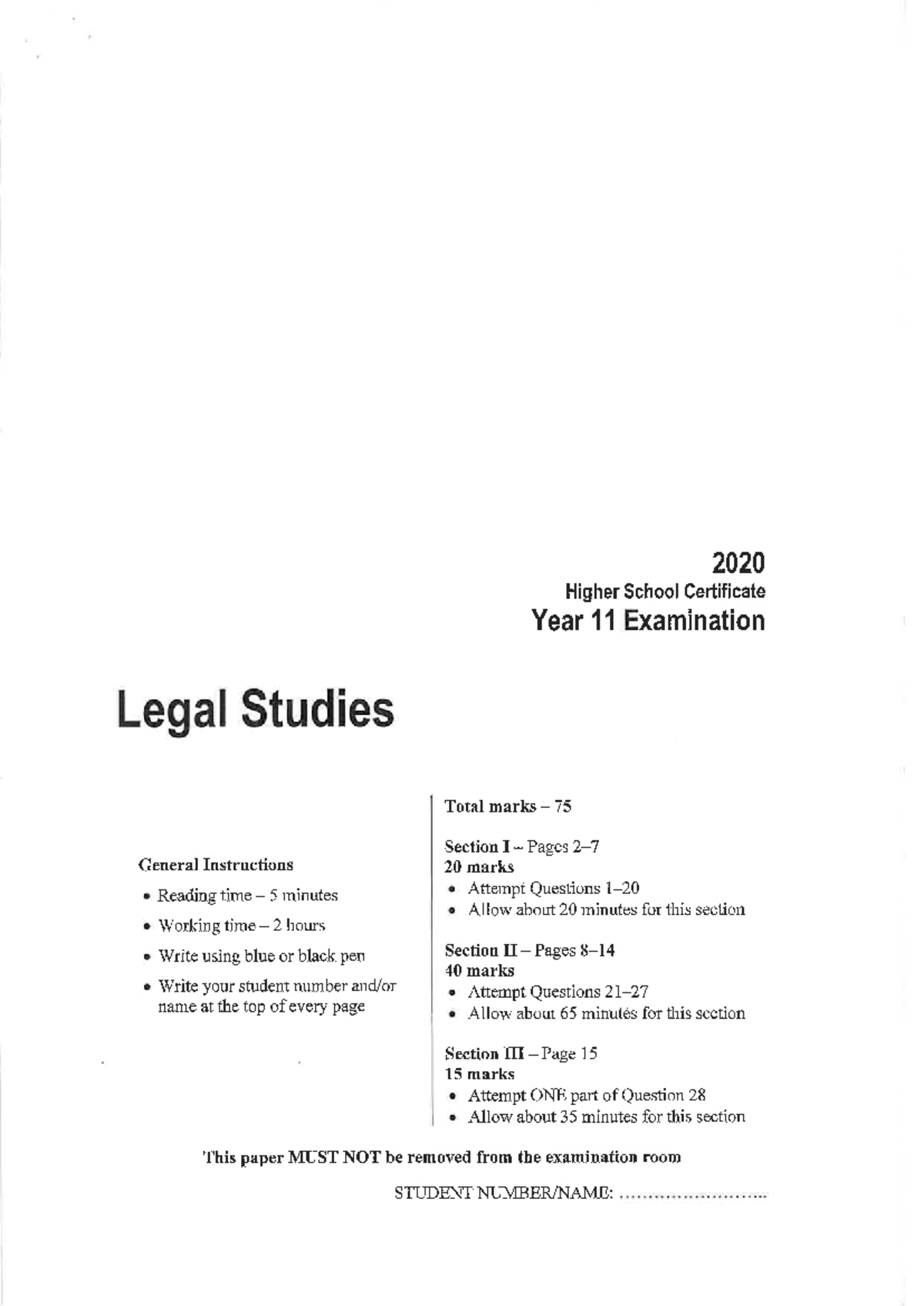 Legal Studies HSC Year 11 Exam Booklet 2020 (Total Marks: 75) - Studocu