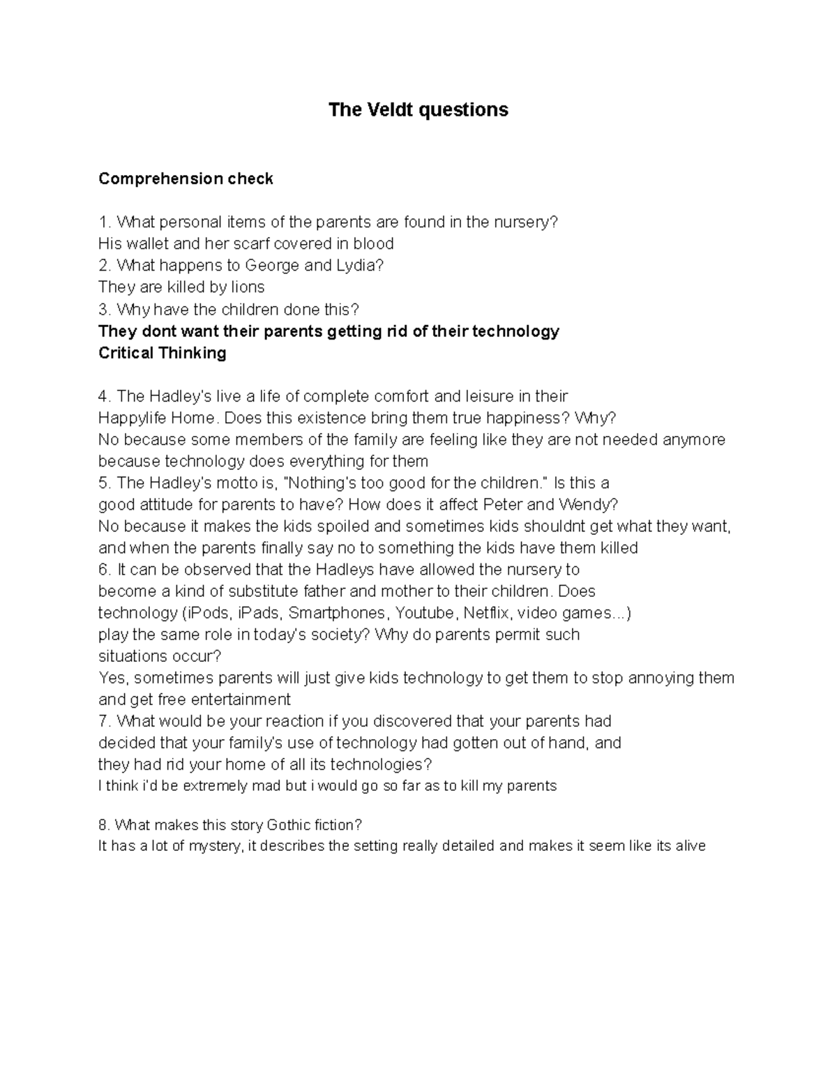"The Veldt Comprehension Questions and Critical Thinking Analysis ...