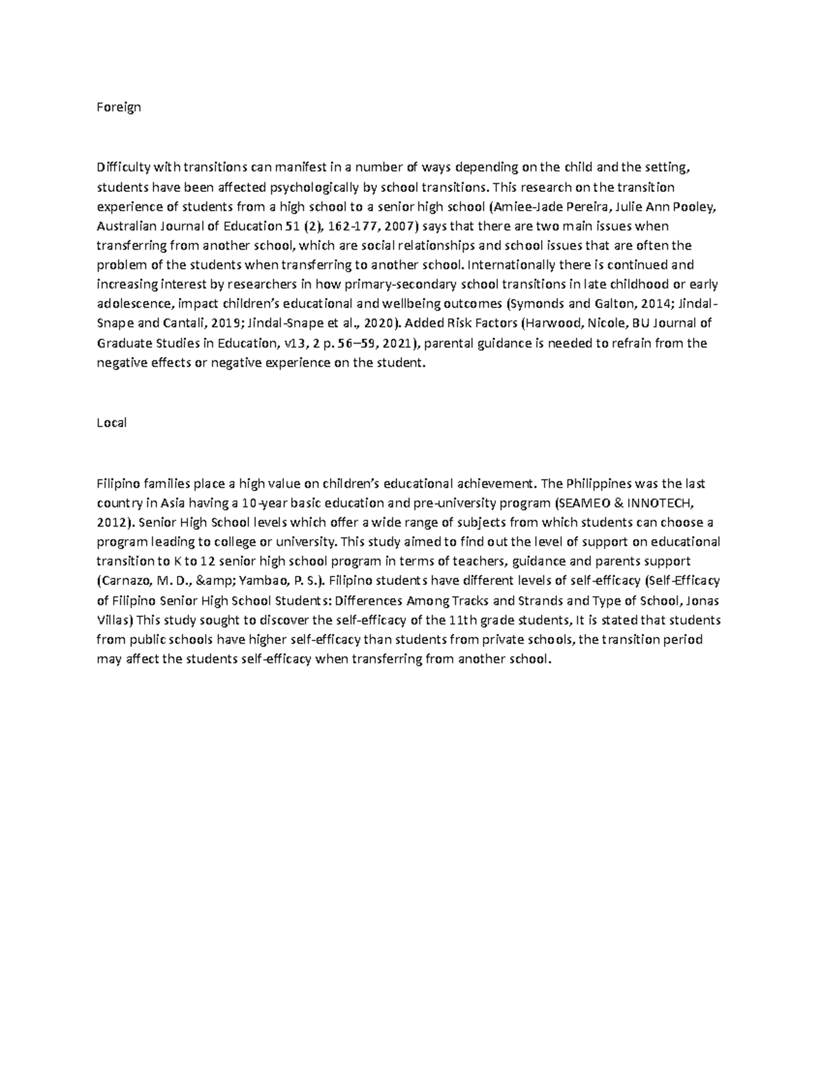 RRL on Student Transitions: Foreign & Local Perspectives in Education ...