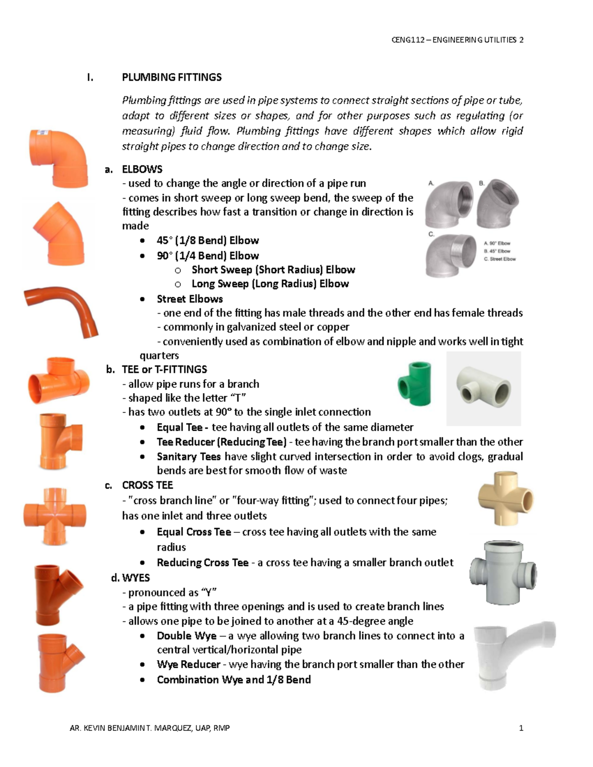 CENG112 Lecture 5: Plumbing Fittings Overview and Types - Studocu