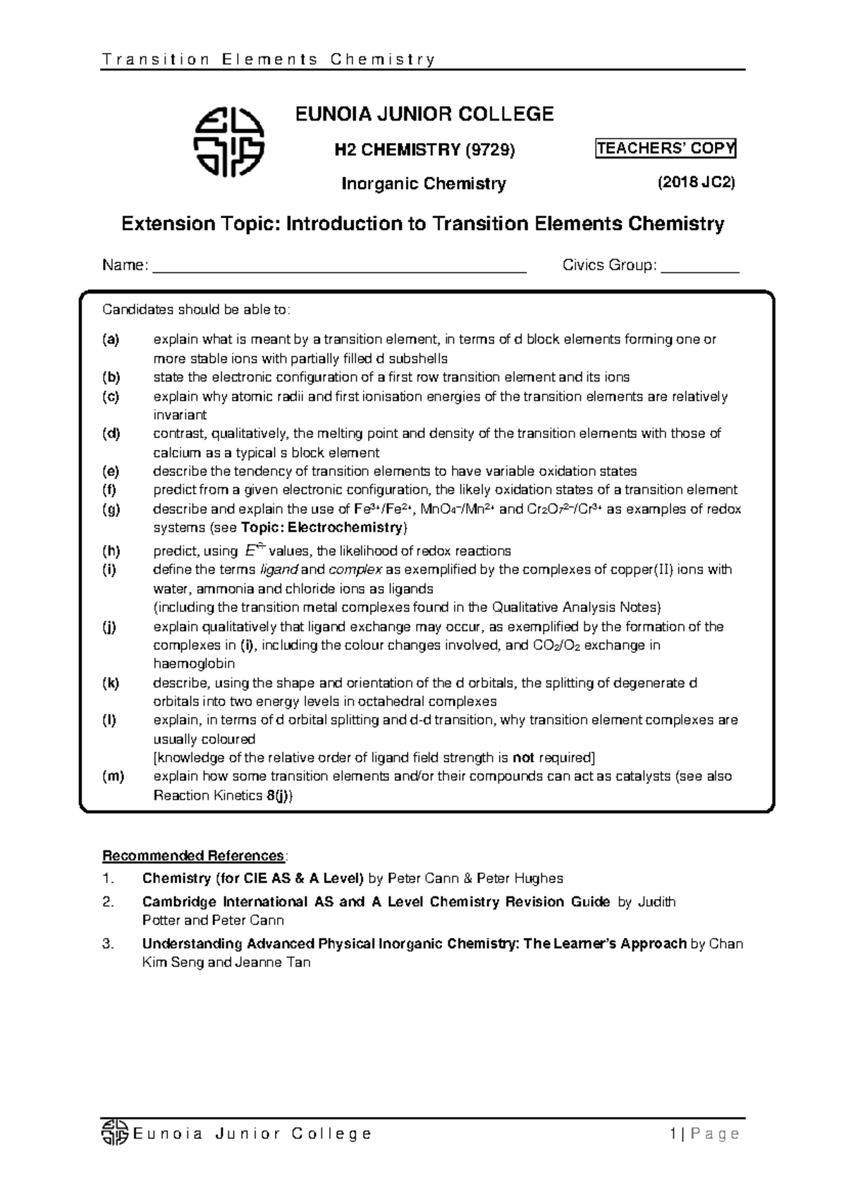 2018 H2 Chemistry (9729) Transition Metals Lecture Notes - Studocu