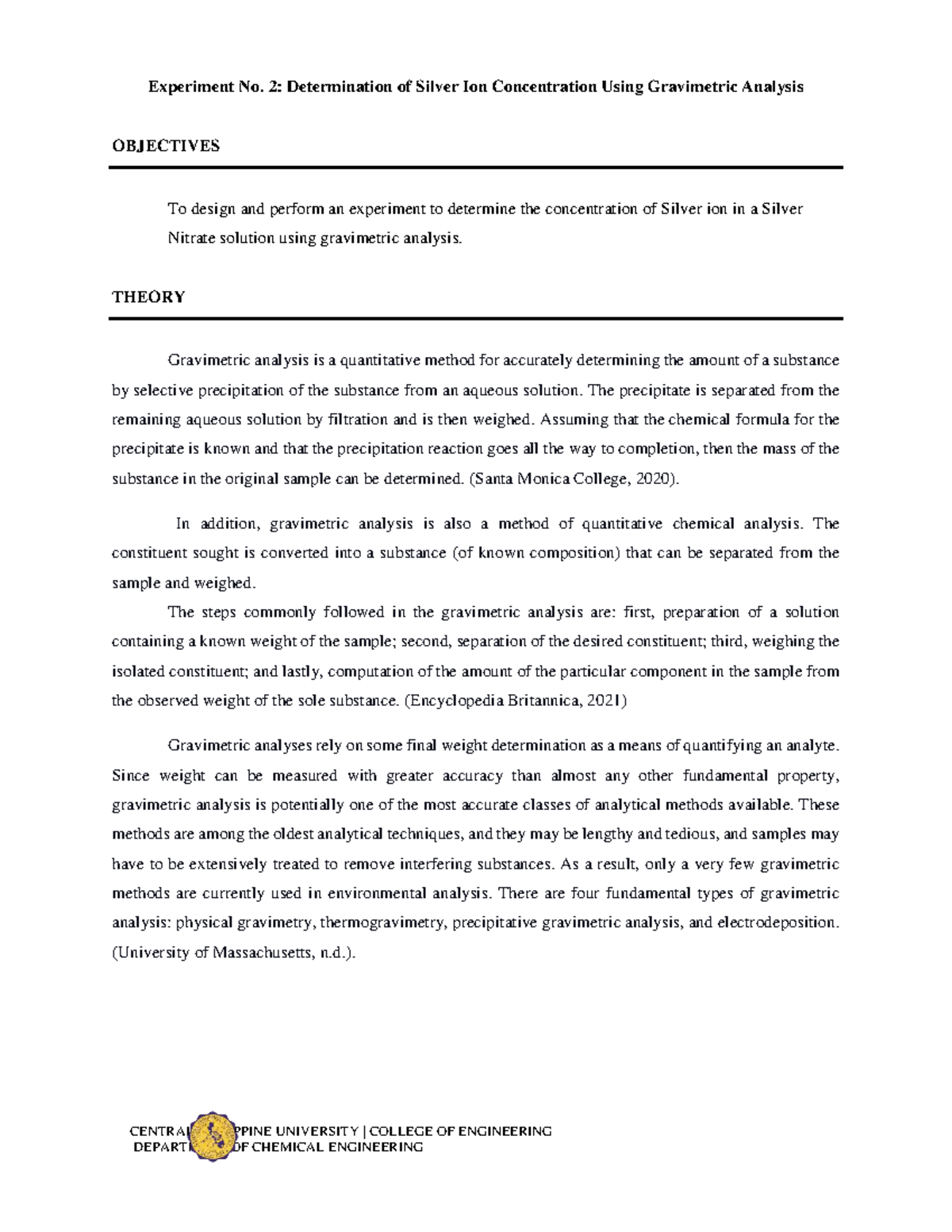 Experiment No. 2: Gravimetric Analysis of Silver Ion Concentration ...