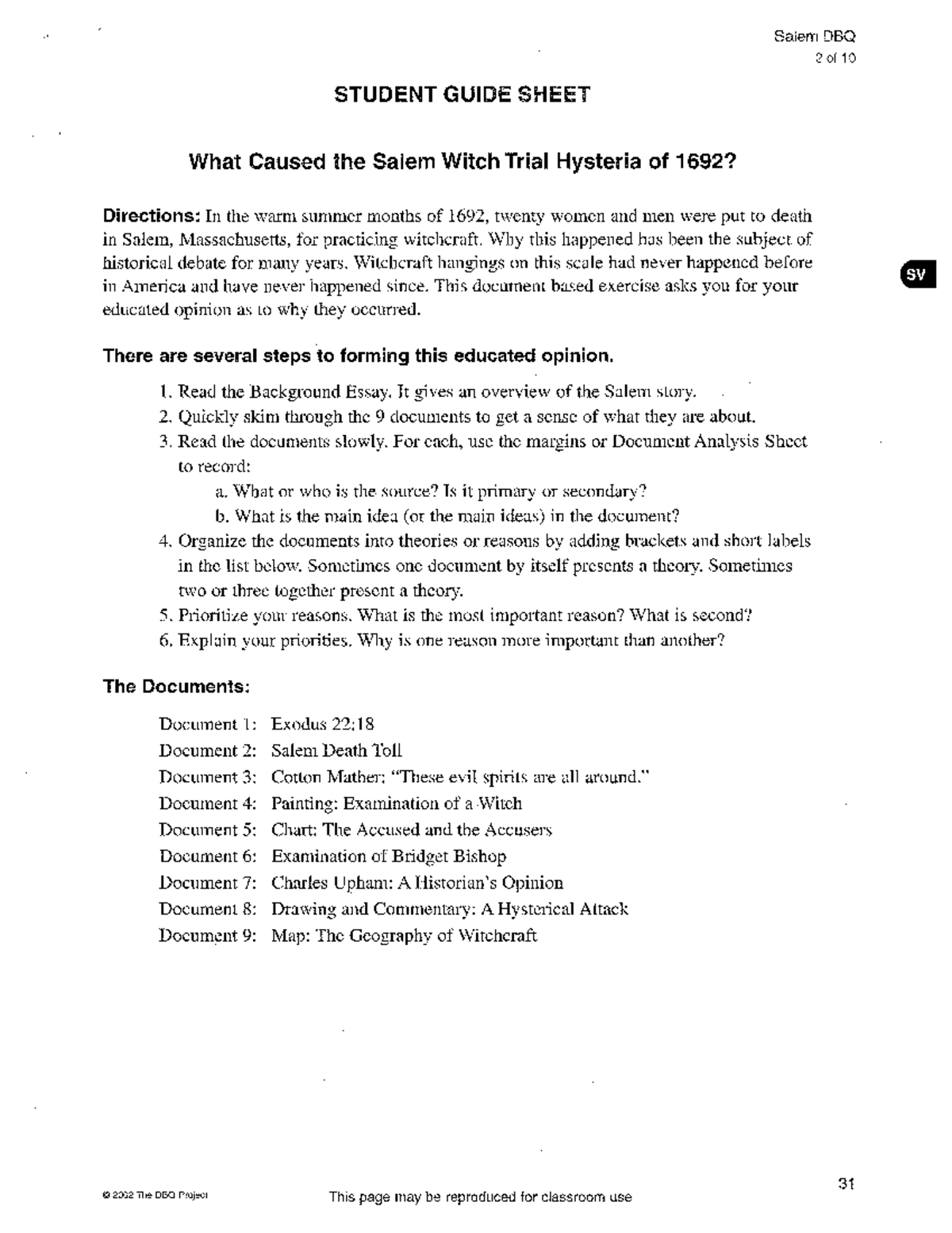 Salem Witch Trials DBQ (SV) - Causes of the 1692 Hysteria - Studocu
