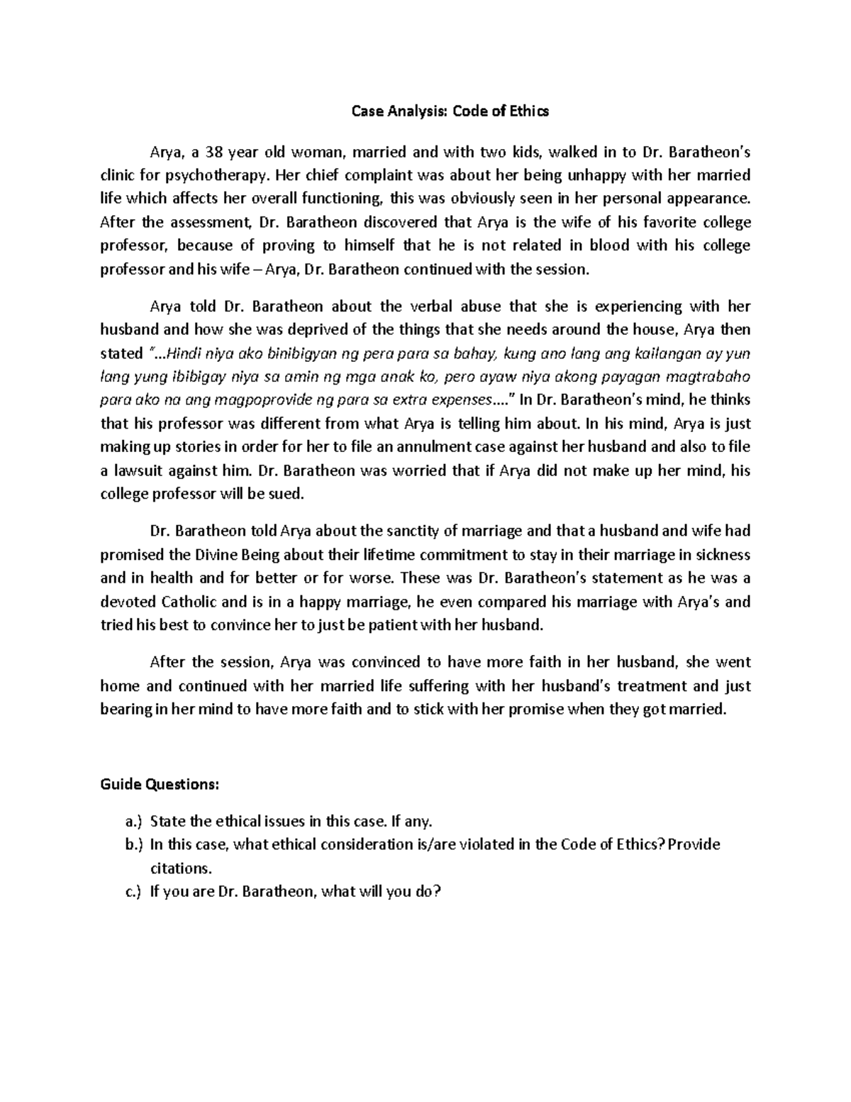 Case Analysis (Code of Ethics) - BS Psychology - Studocu