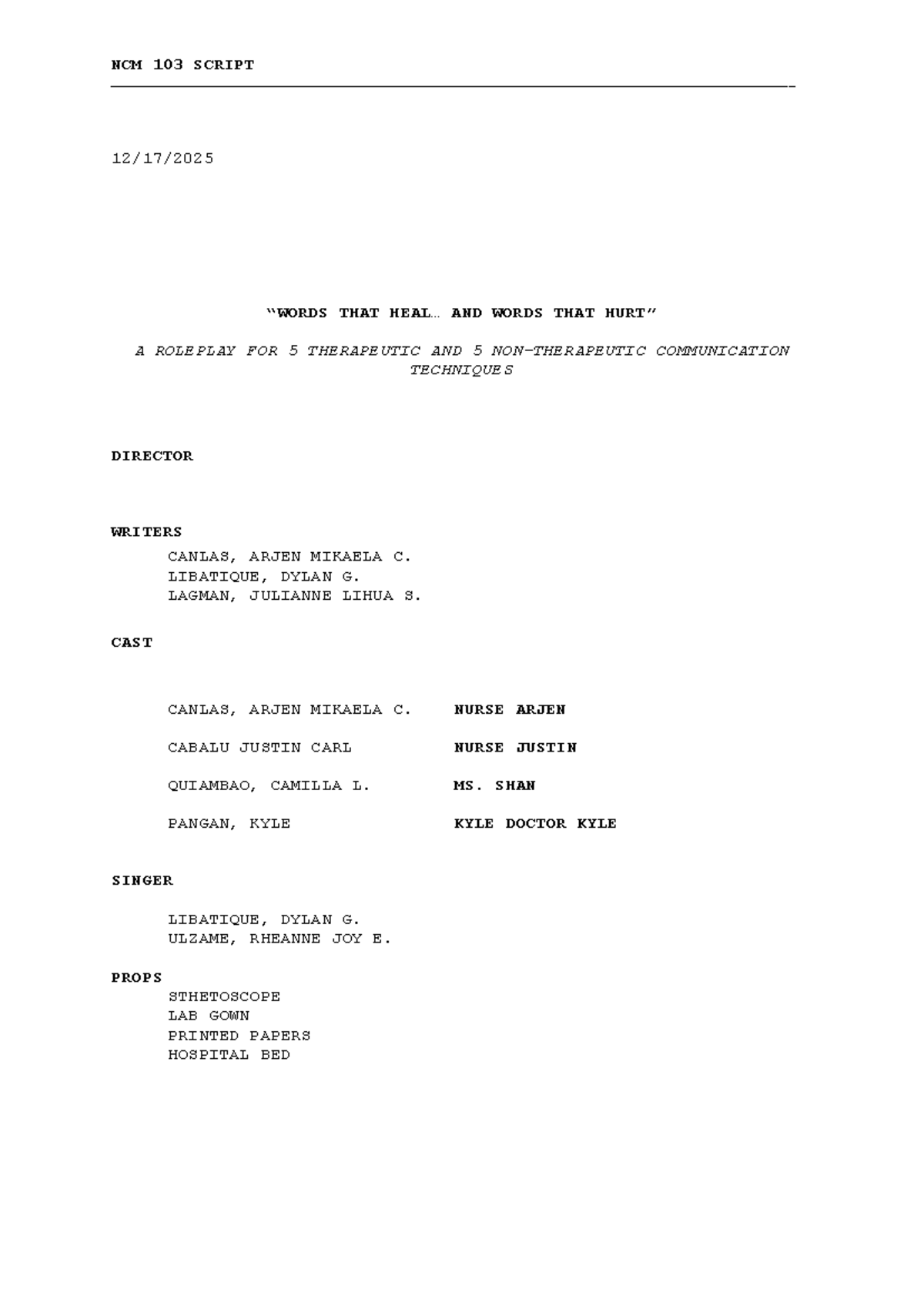 NCM 103 Therapeutic Communication Roleplay Script: Patient Admission ...