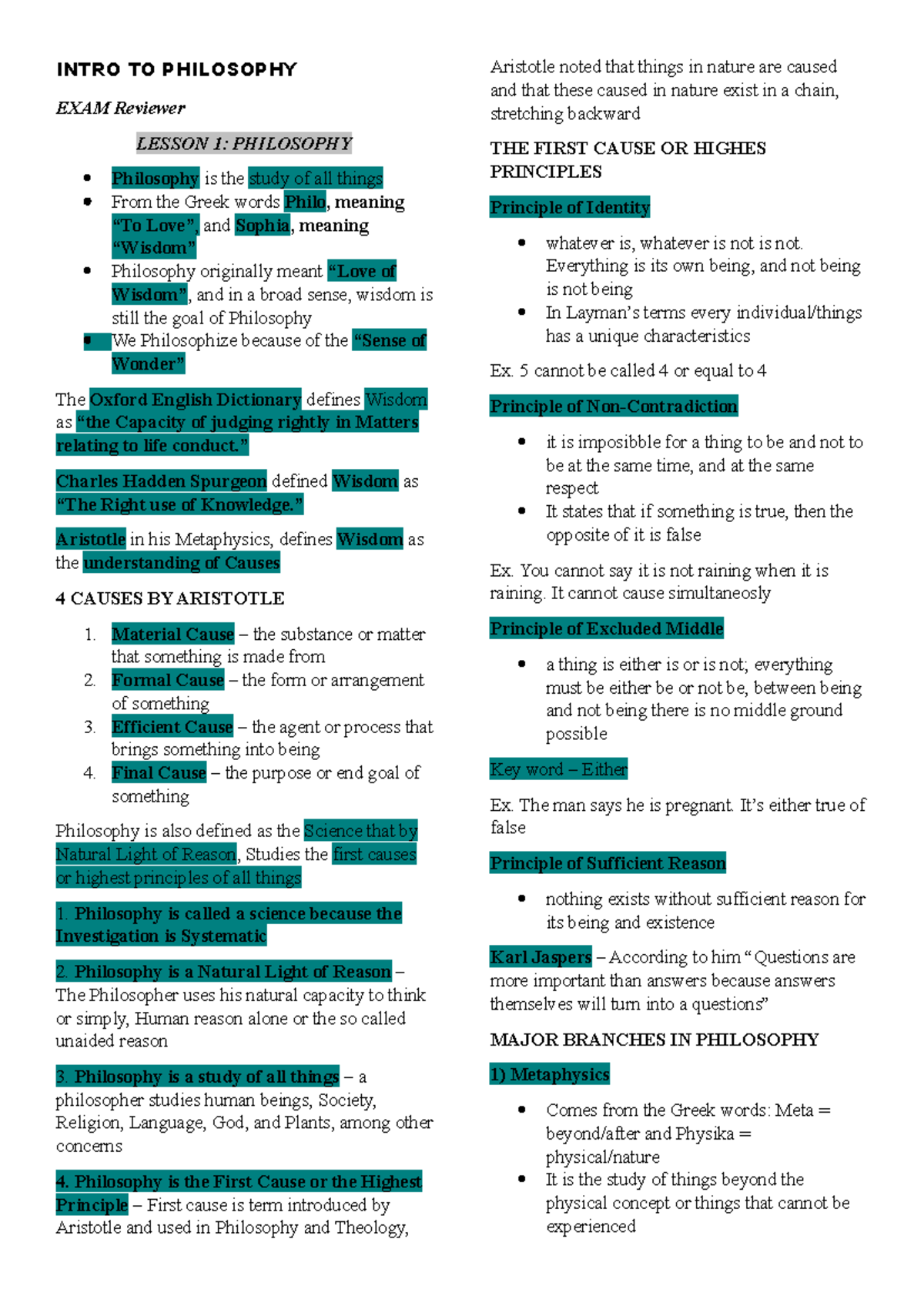 INTRO TO PHILOSOPHY EXAM Reviewer: Key Concepts and Lessons - Studocu