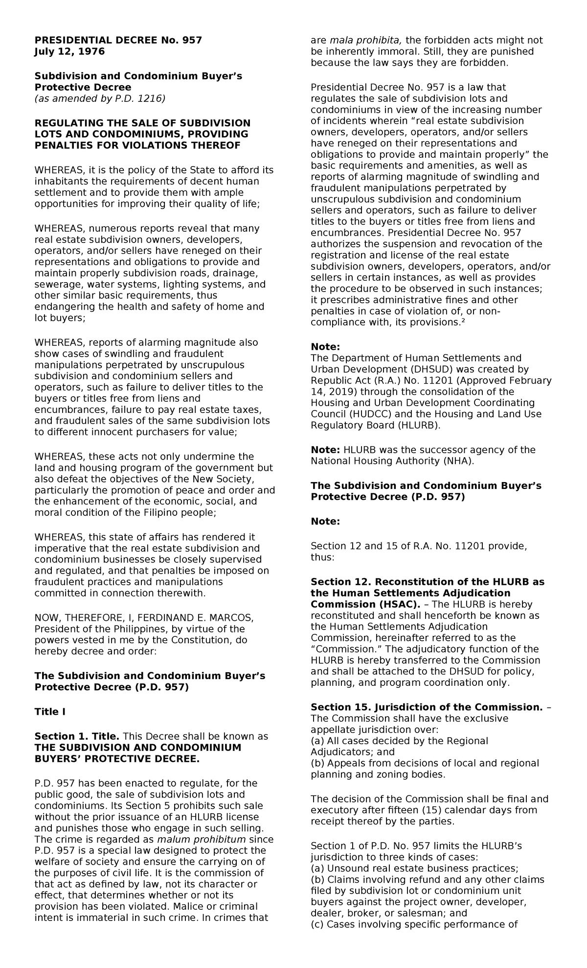 P.D. 957: Subdivision and Condominium Protective Decree Overview and ...