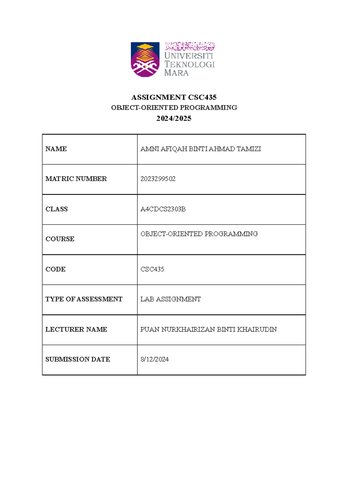 CSC435 Lab Assignment - ASSIGNMENT CSC 435 OBJECT-ORIENTED PROGRAMMING ...
