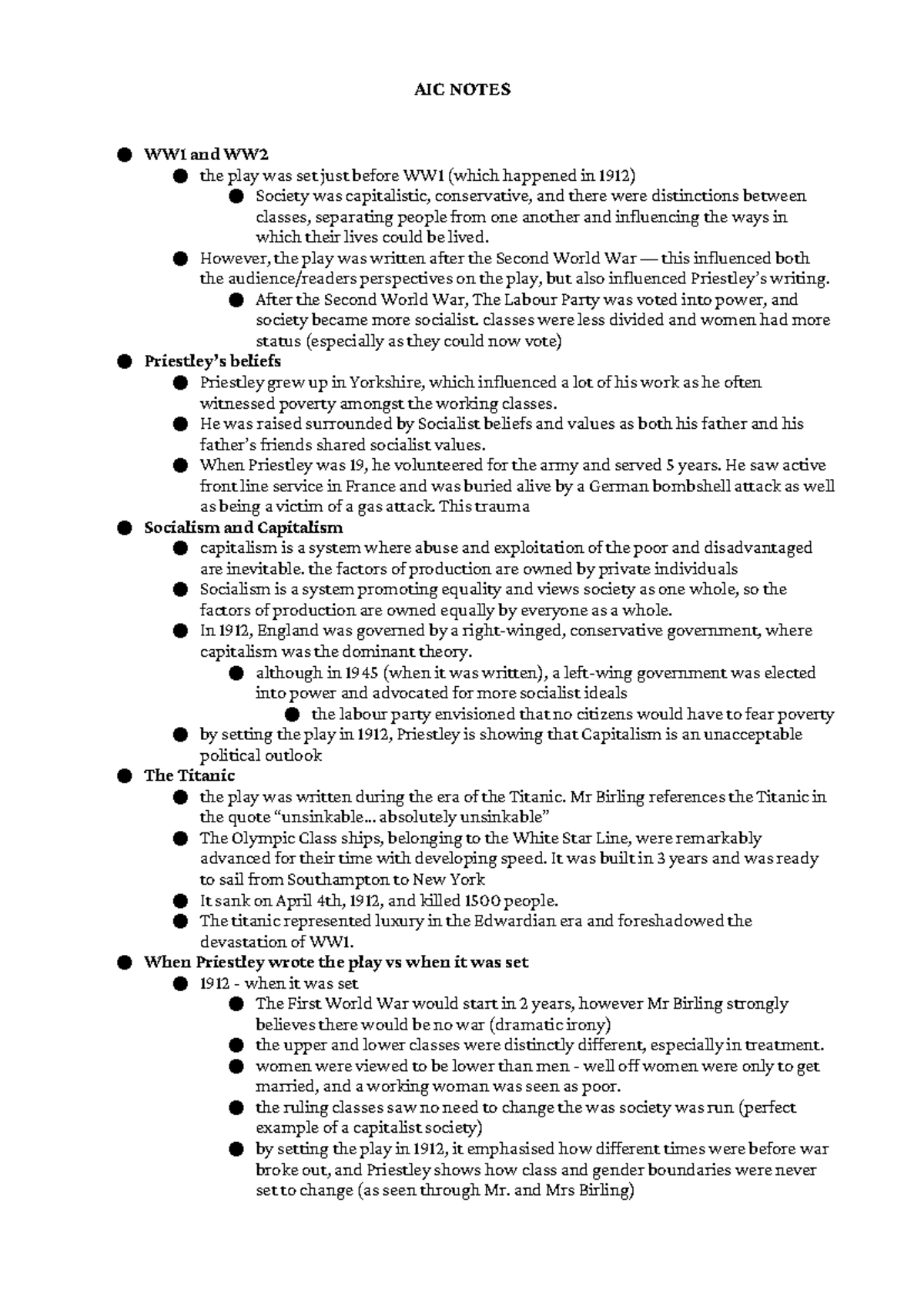 AIC Notes: Class and Society in Priestley's Play Before WW1 - Studocu