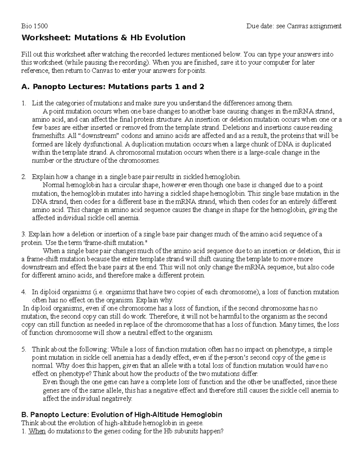 #16 mutations evo-1 - Homework 16 Dr. Liscum - Bio 1500 Due date: see ...