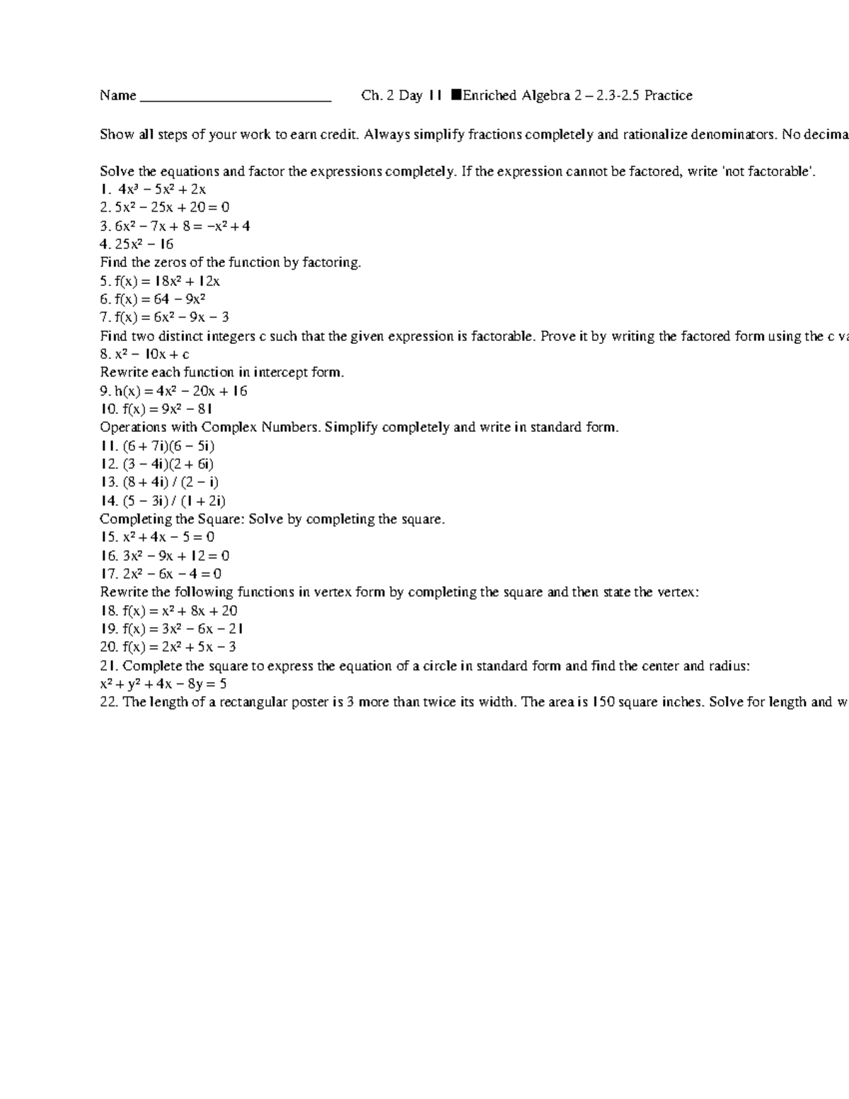 Algebra 2 Ch. 2 Day 11 Practice: Solve & Factor Expressions - Studocu