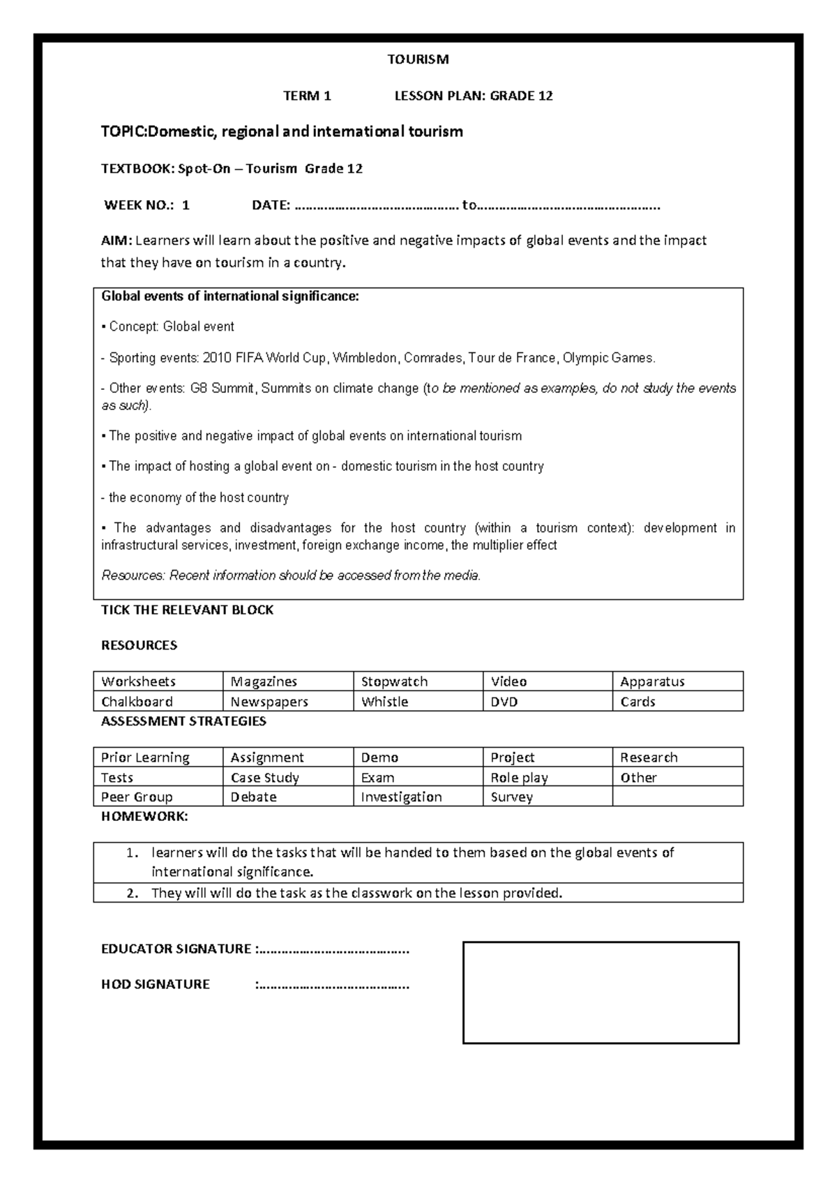 TOURISM GRADE 12 TERM 1 & 2 LESSON PLANS: DOMESTIC & INTERNATIONAL ...