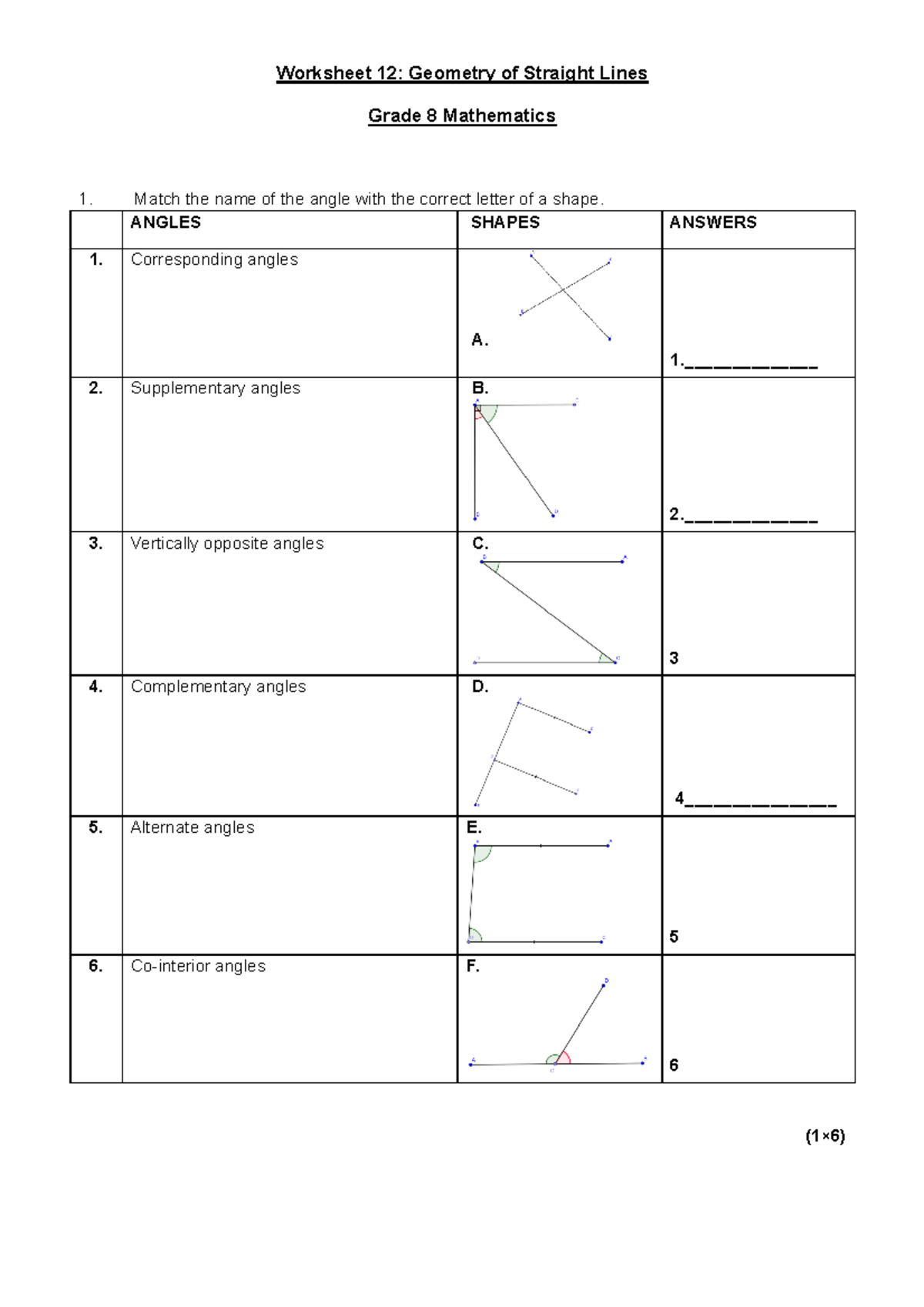 Geometry Worksheet 12: Straight Lines for Grade 8 (Code 082550) - Studocu