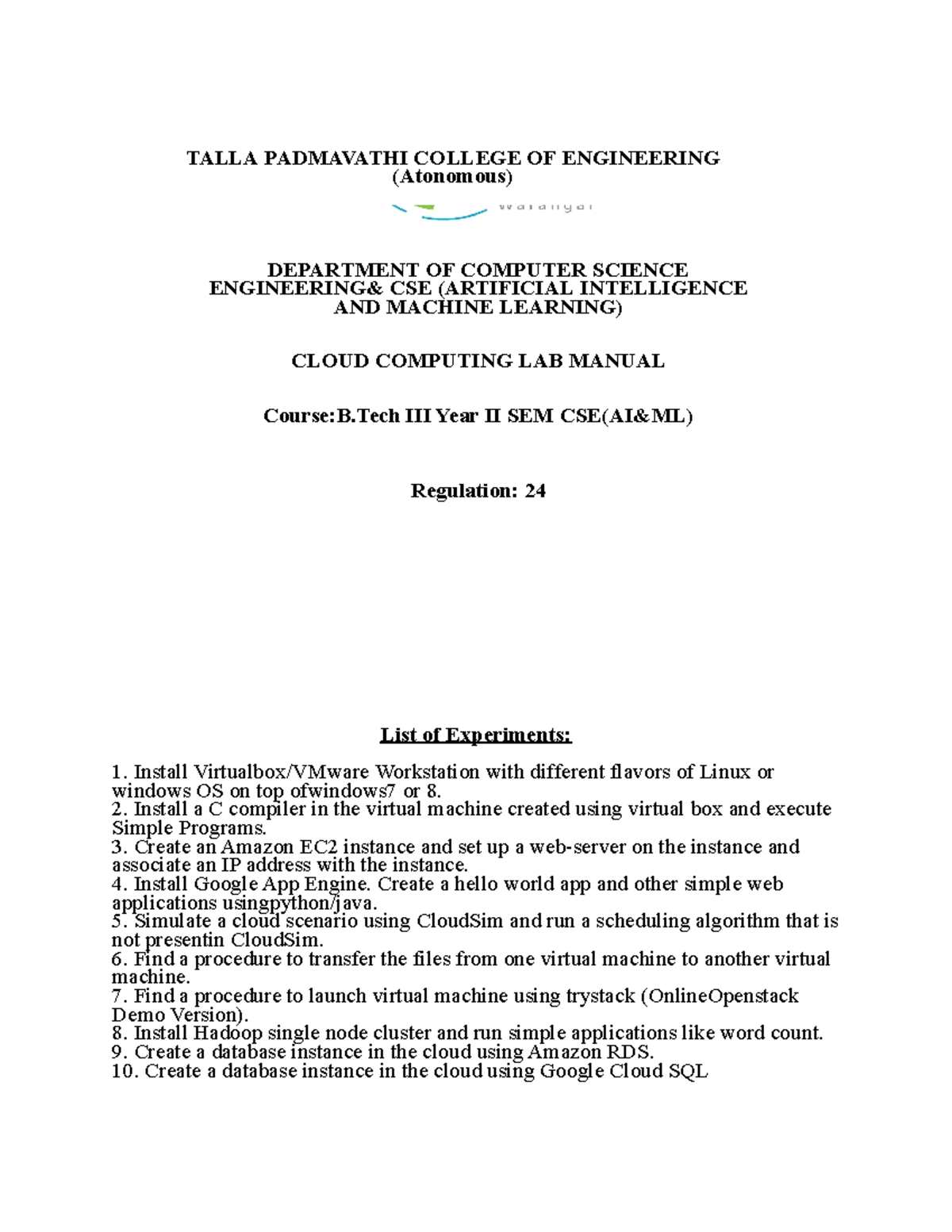 CSE 3rd Year II Sem Lab Manual - Cloud Computing Experiments - Studocu