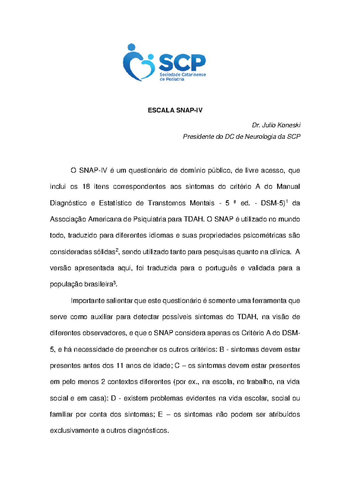 Escala SNAP-IV: Avaliação de TDAH em Crianças - Versão em Português ...