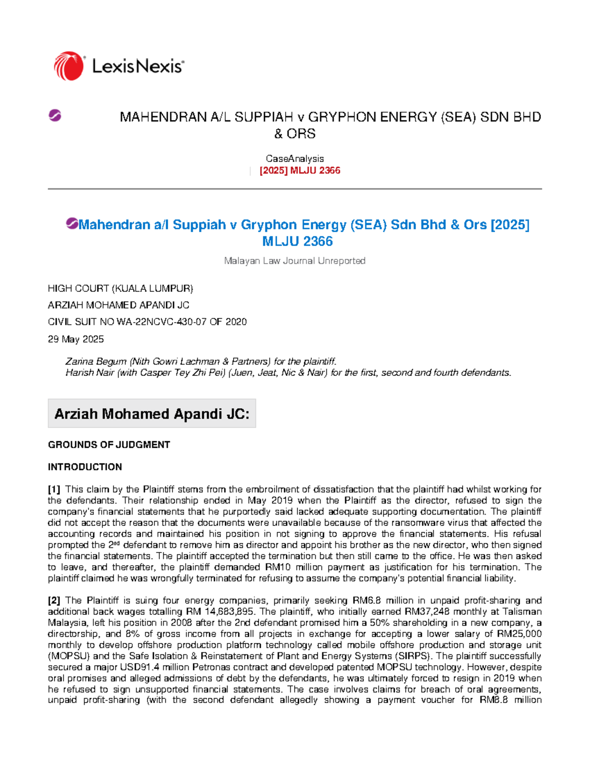 Case Analysis: Mahendran Suppiah v Gryphon Energy (SEA) Sdn Bhd MLJU ...