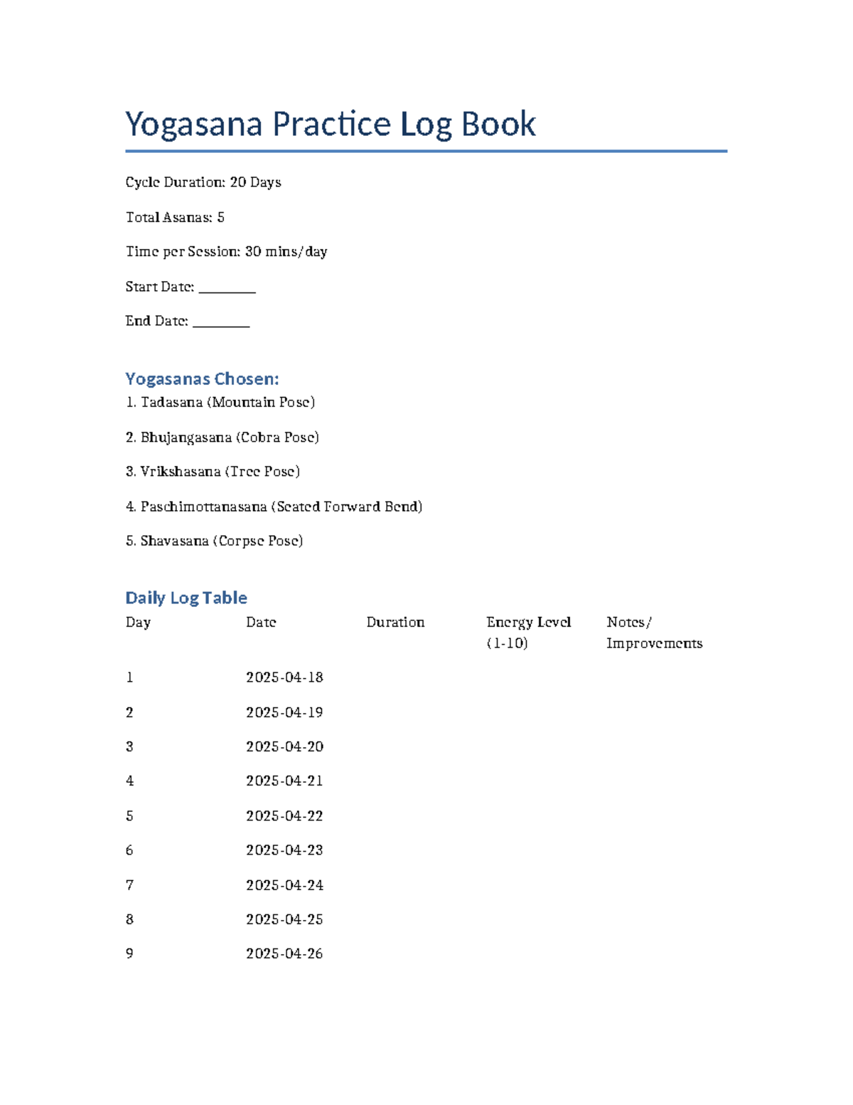 Yogasana 20-Day Practice Log Book: Daily Session Tracking - Studocu