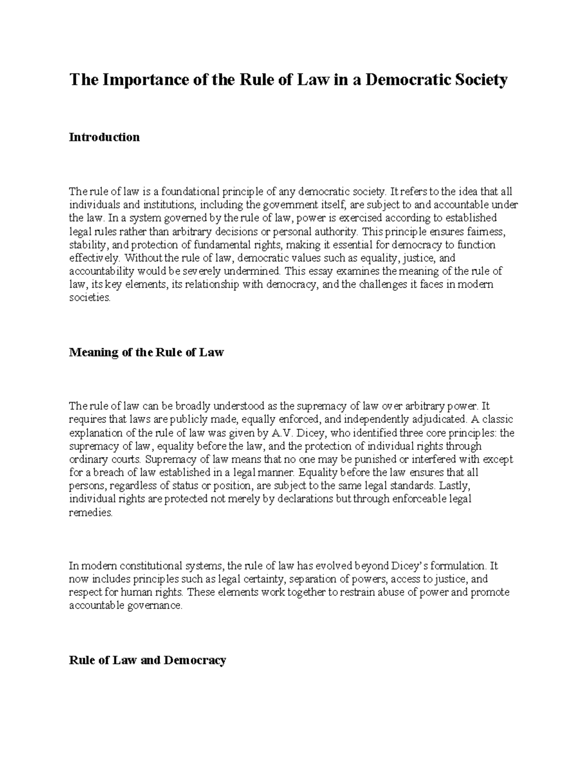 The Rule of Law: Its Crucial Role in Democratic Societies - Studocu