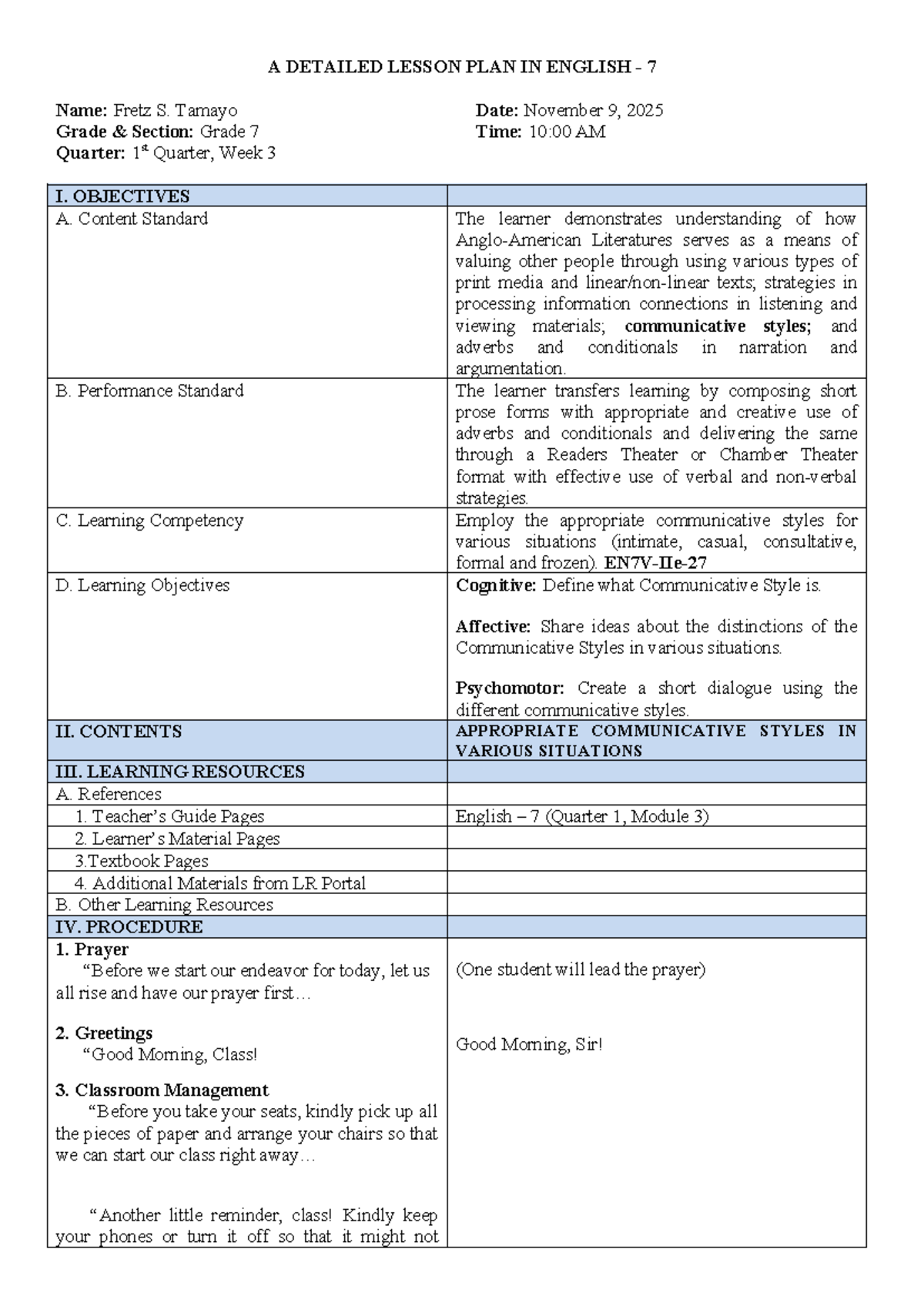 Detailed Lesson Plan: English 7 (1st Quarter, Week 3) by Fretz S ...