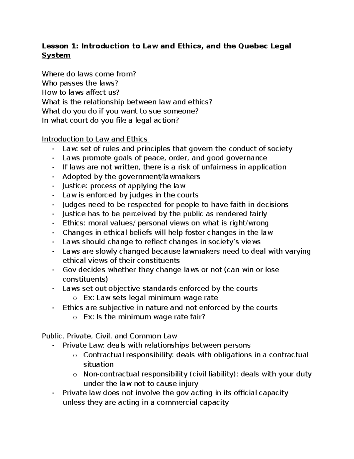 316 Lesson 1 & 2: Intro to Law, Ethics, and the Quebec Legal System ...