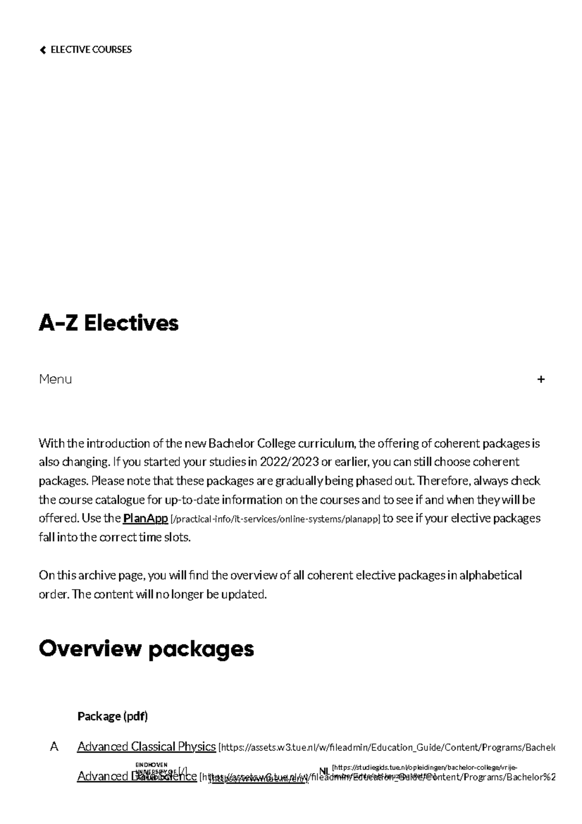 ELECTIVE COURSES A-Z Overview at EINDHOVEN UNIVERSITY - Studocu