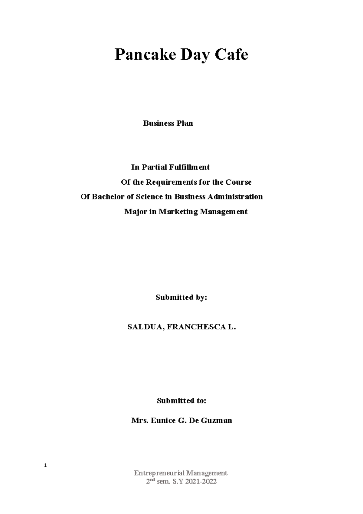 Business Plan for Pancake Day Cafe (BSBA Marketing Management) - Studocu