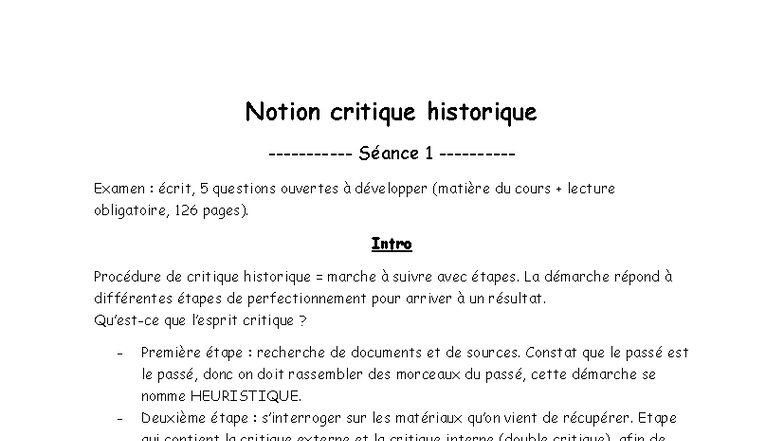 Notion critique historique - Séance 1 : Questions ouvertes et étapes de ...
