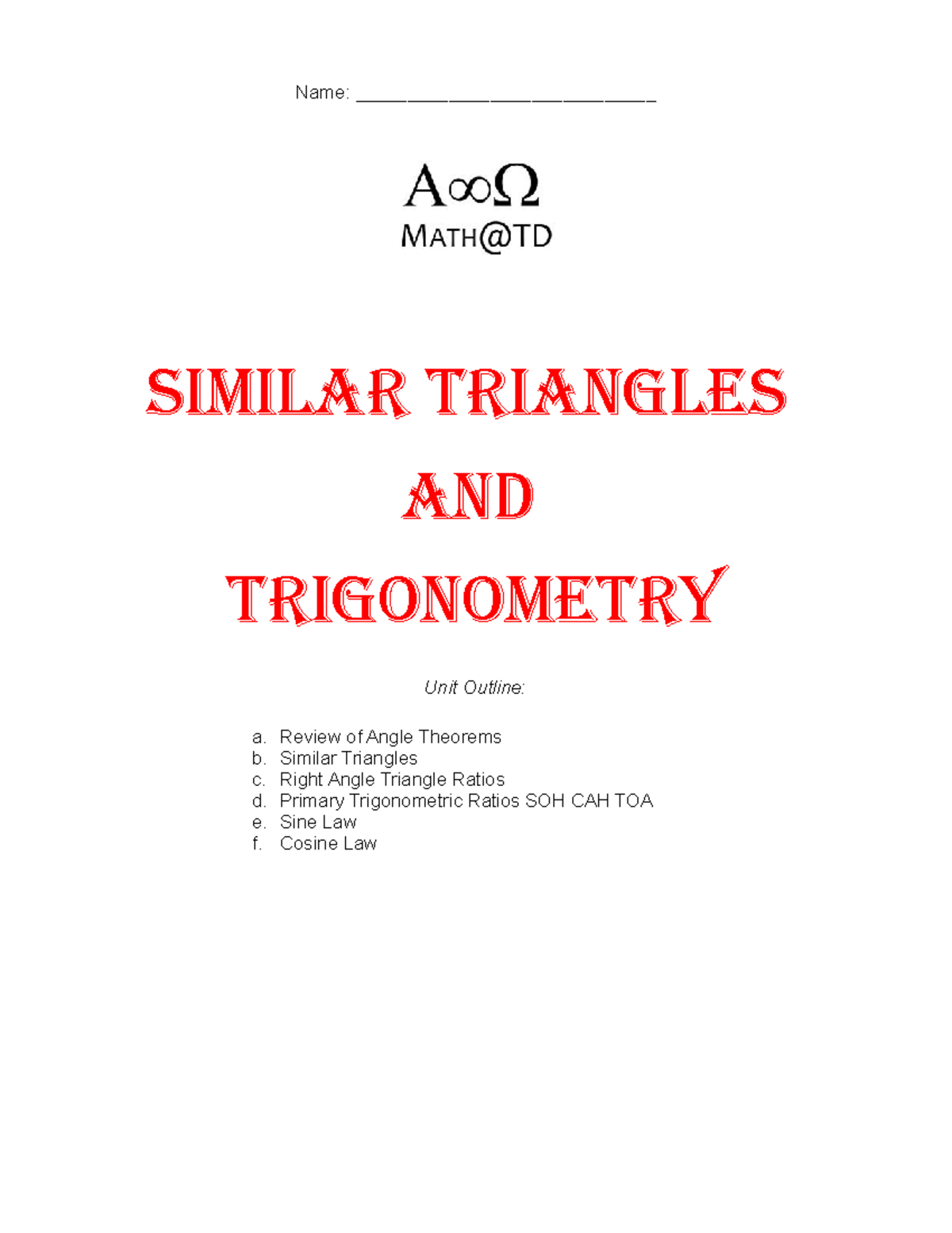 G10 Trig Notes - Angle Theorems Similar Triangles Trig Ratios Sine Law ...