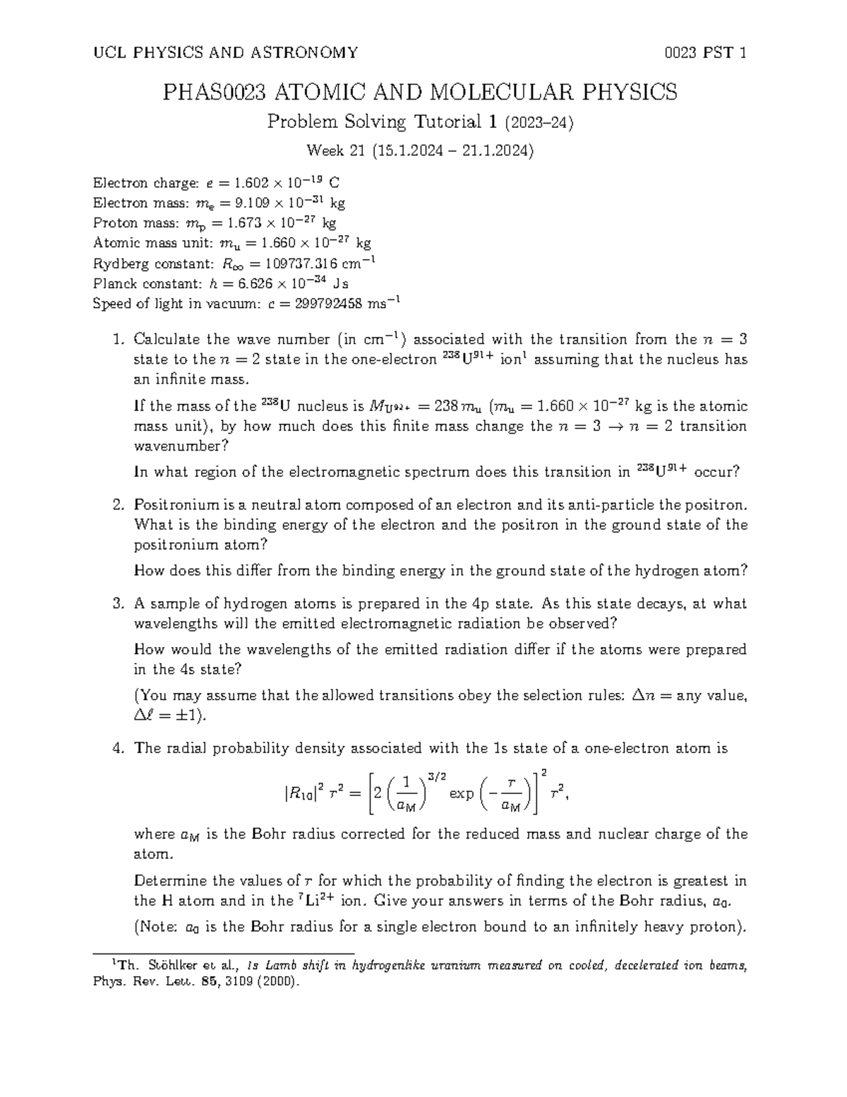 PST1 2024 - UCL PHYSICS AND ASTRONOMY 0023 PST 1 PHAS0023 ATOMIC AND ...