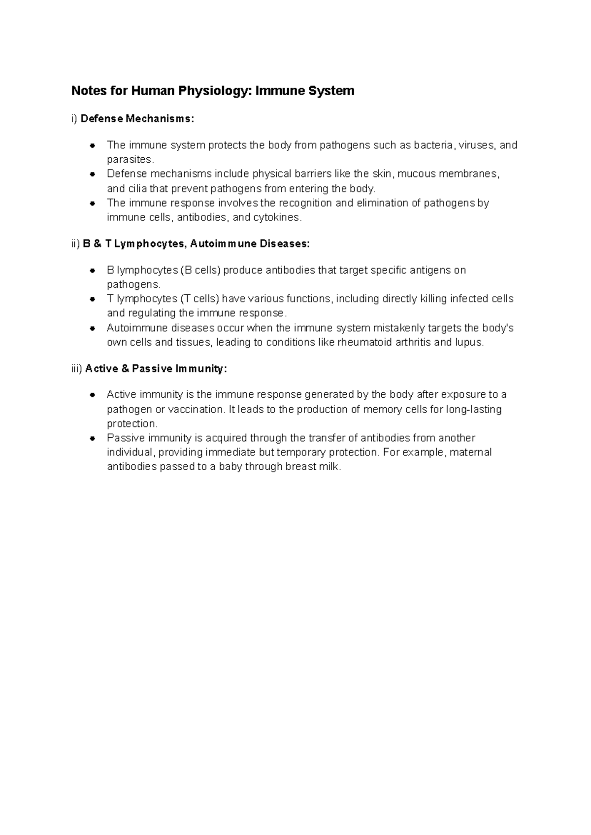 Human Physiology Notes: Immune System Overview and Defense Mechanisms ...