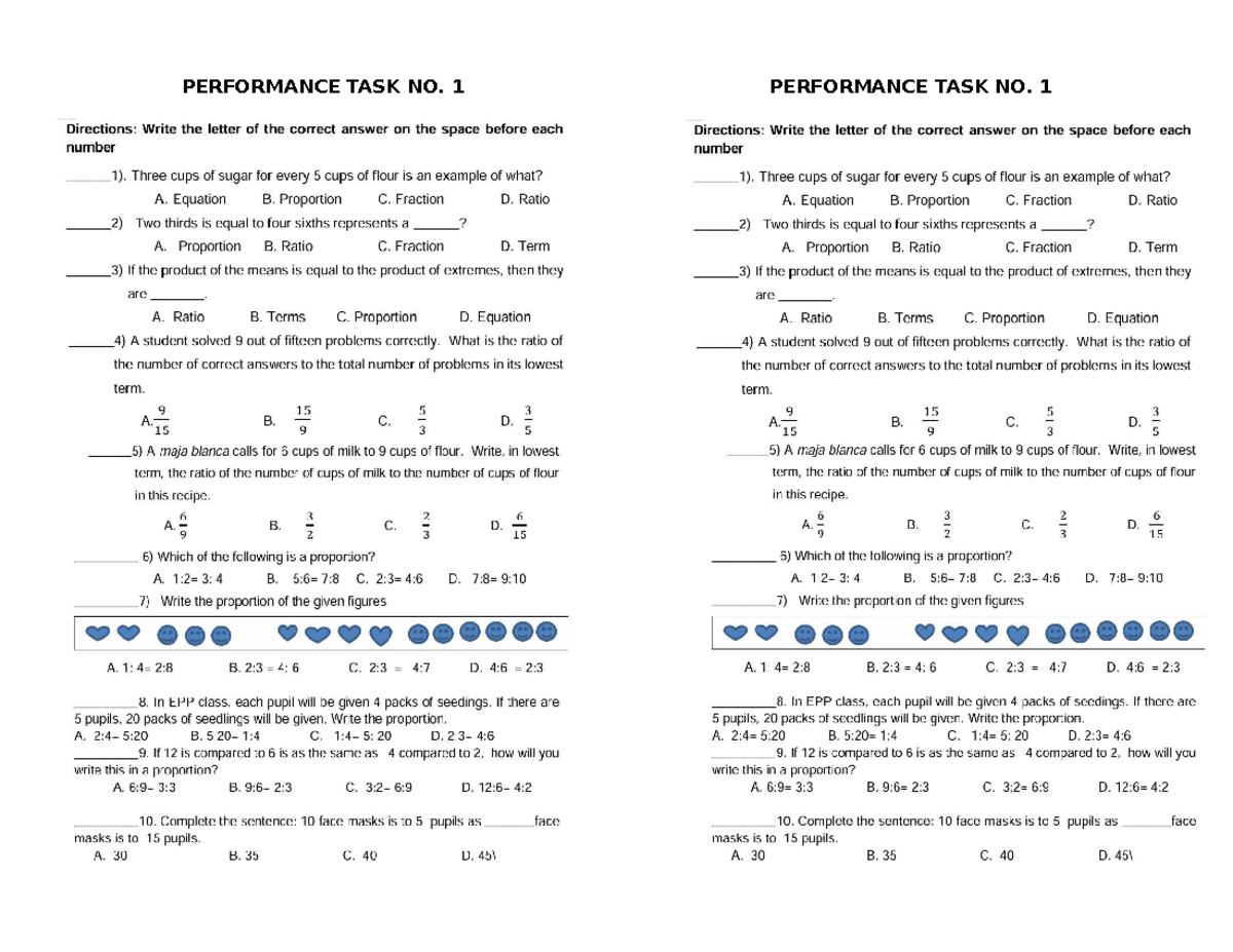 Performance Task No. 1: Math Quiz Q2 on Ratios and Proportions - Studocu