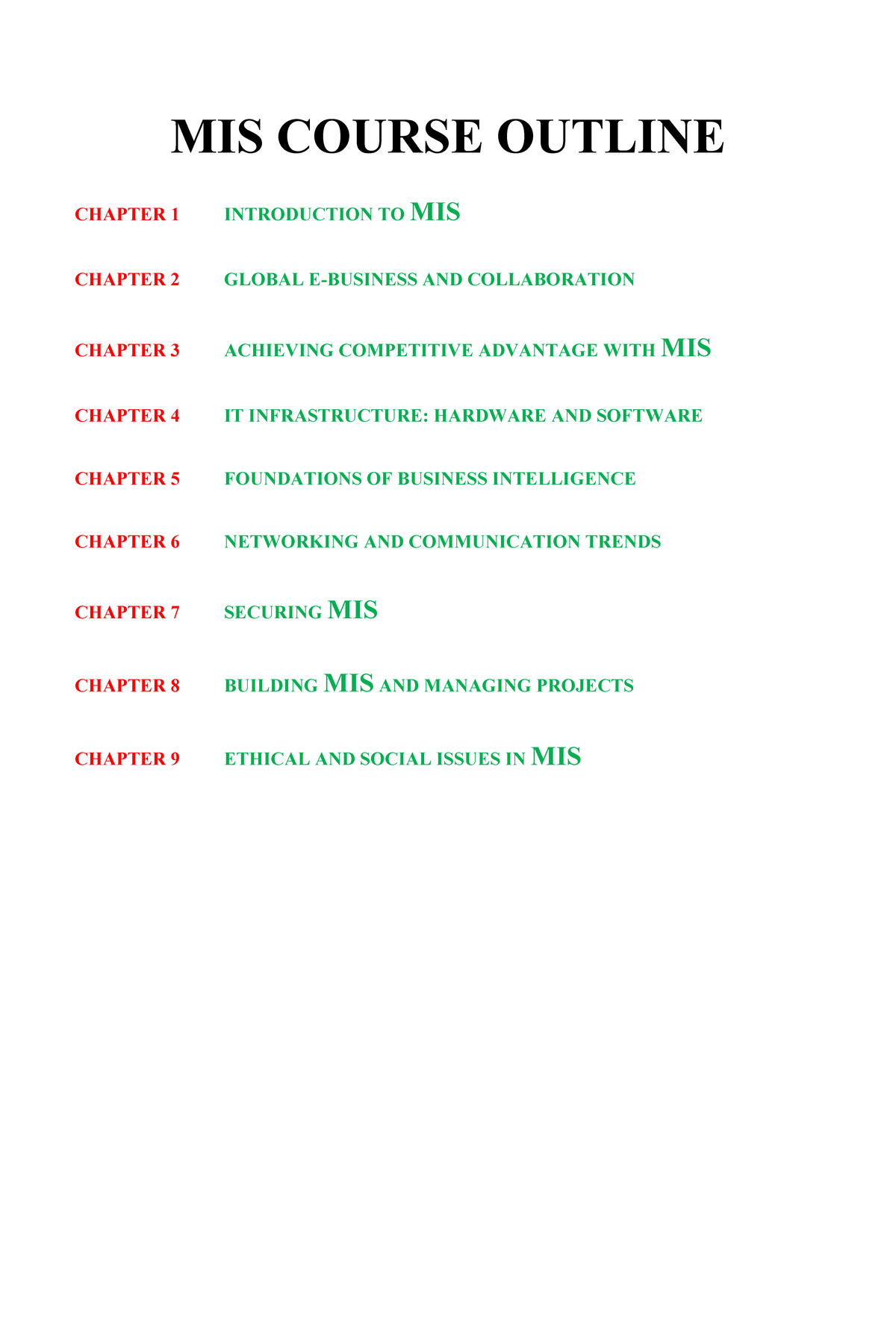 MIS Course Outline 2025 - information technology - MIS COURSE OUTLINE CHAPTER 1 INTRODUCTION TO ...