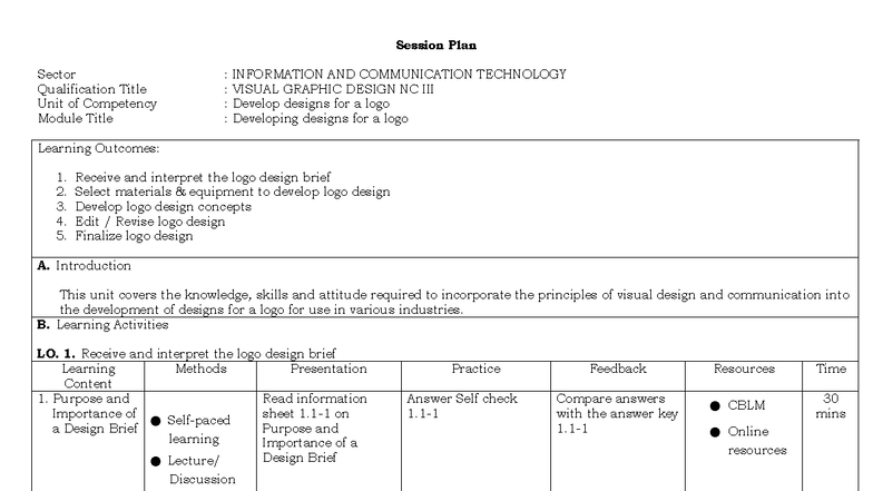 Session Plan VGD: Developing Logo Designs for ICT NC - Studocu