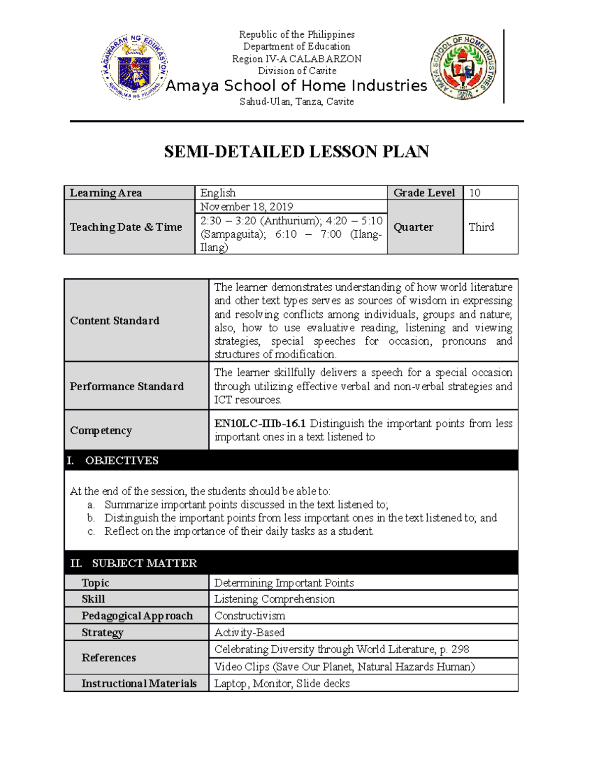 EN10-LP: Determining Importance in Texts - Lesson Plan for Grade 10 ...