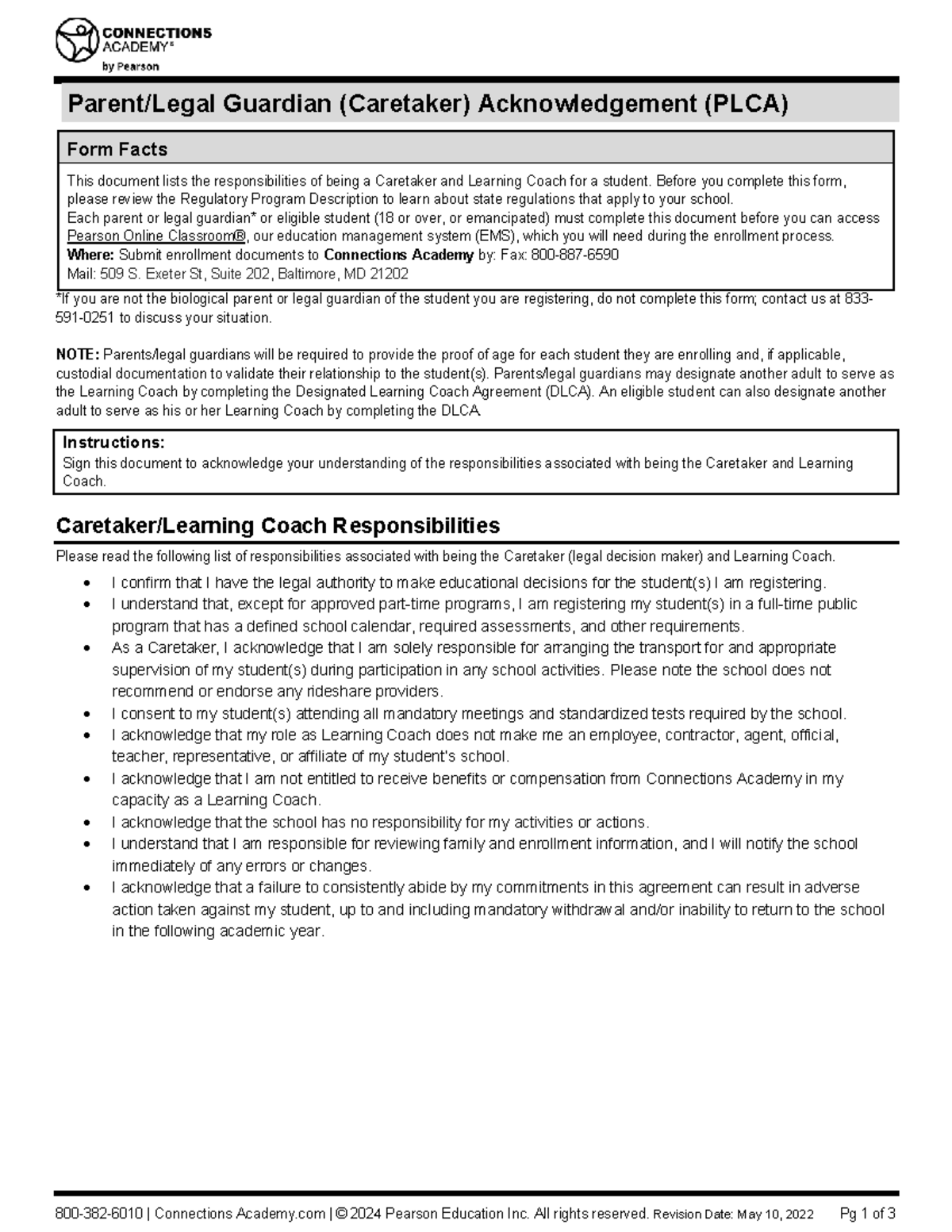 PLCA Caretaker Acknowledgement Form: Responsibilities & Guidelines ...