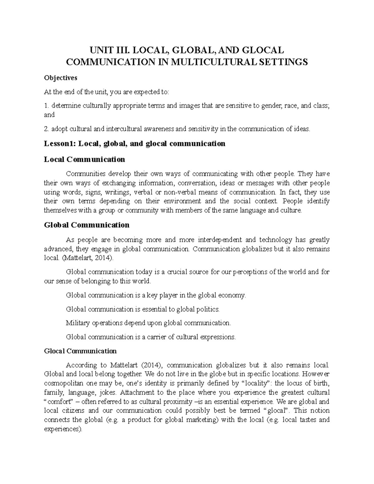 UNIT III: Local, Global, and Glocal Communication in Multicultural ...