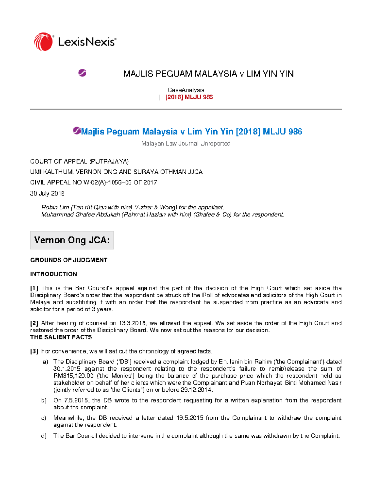Majlis Peguam Malaysia v Lim Yin Yin Case Analysis MLJU 986 - Studocu
