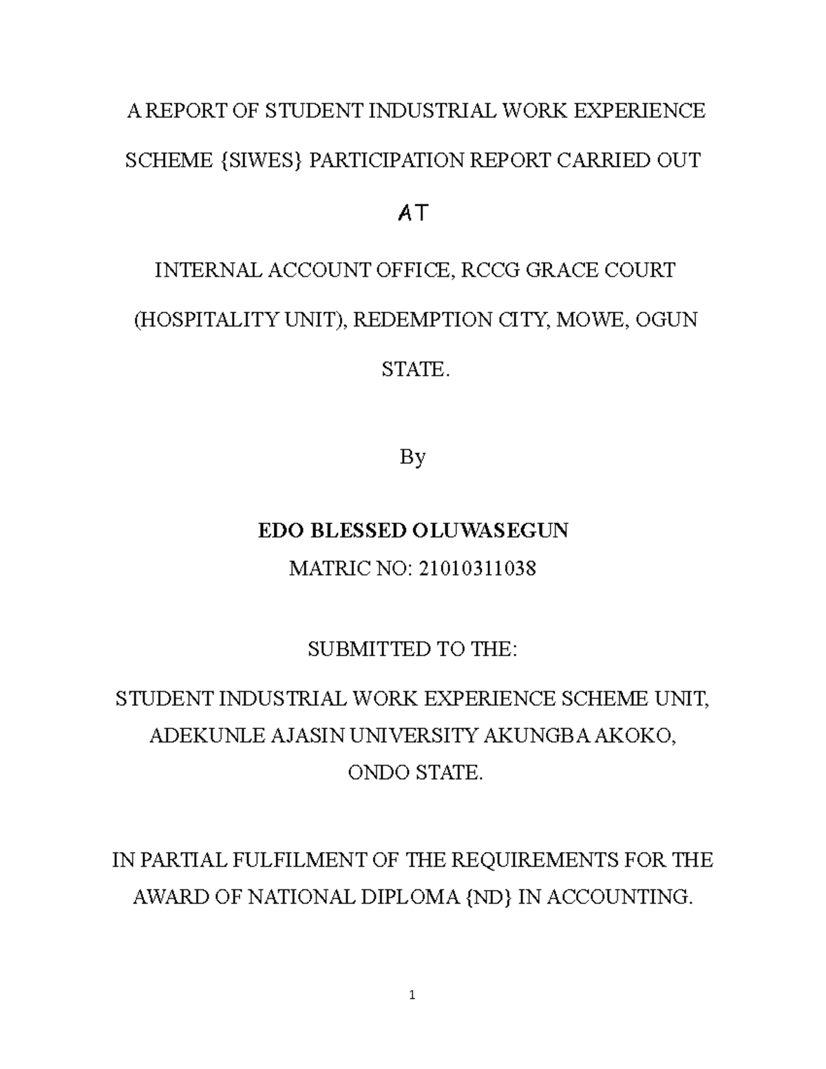 SIWES Participation Report in Accounting at RCCG Grace Court - Studocu