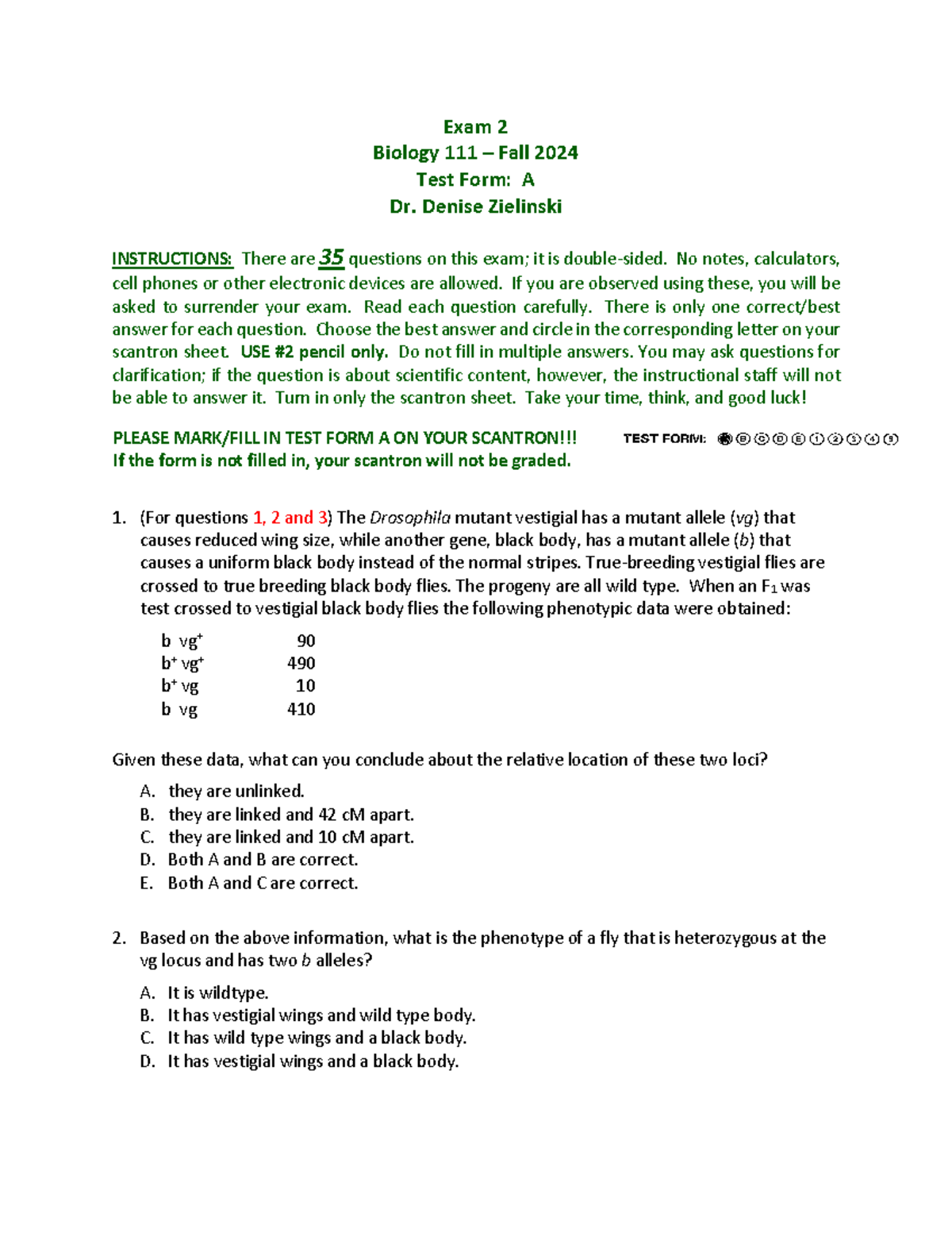 Biology 111 Final Exam - Dr. Denise Zielinski (Fall 2024, Form A) - Studocu