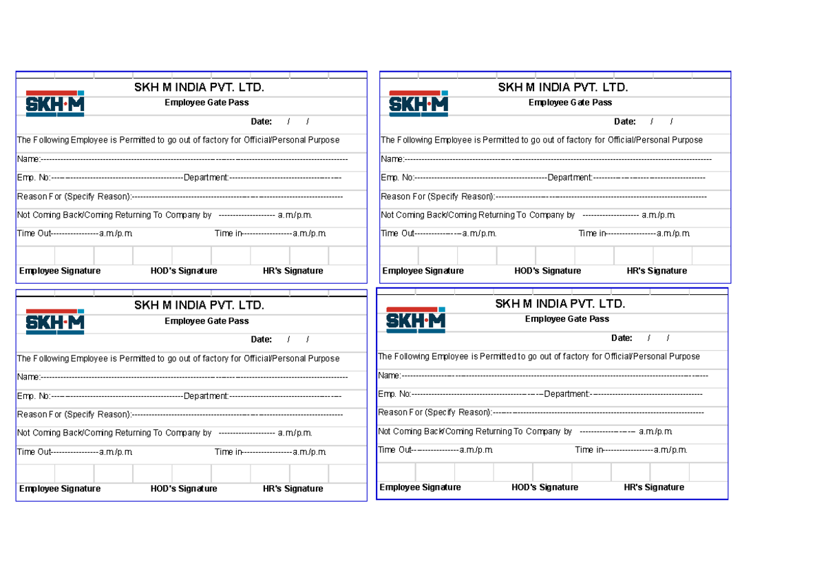 SKH M INDIA PVT. LTD. Employee Gate Pass Template - Studocu
