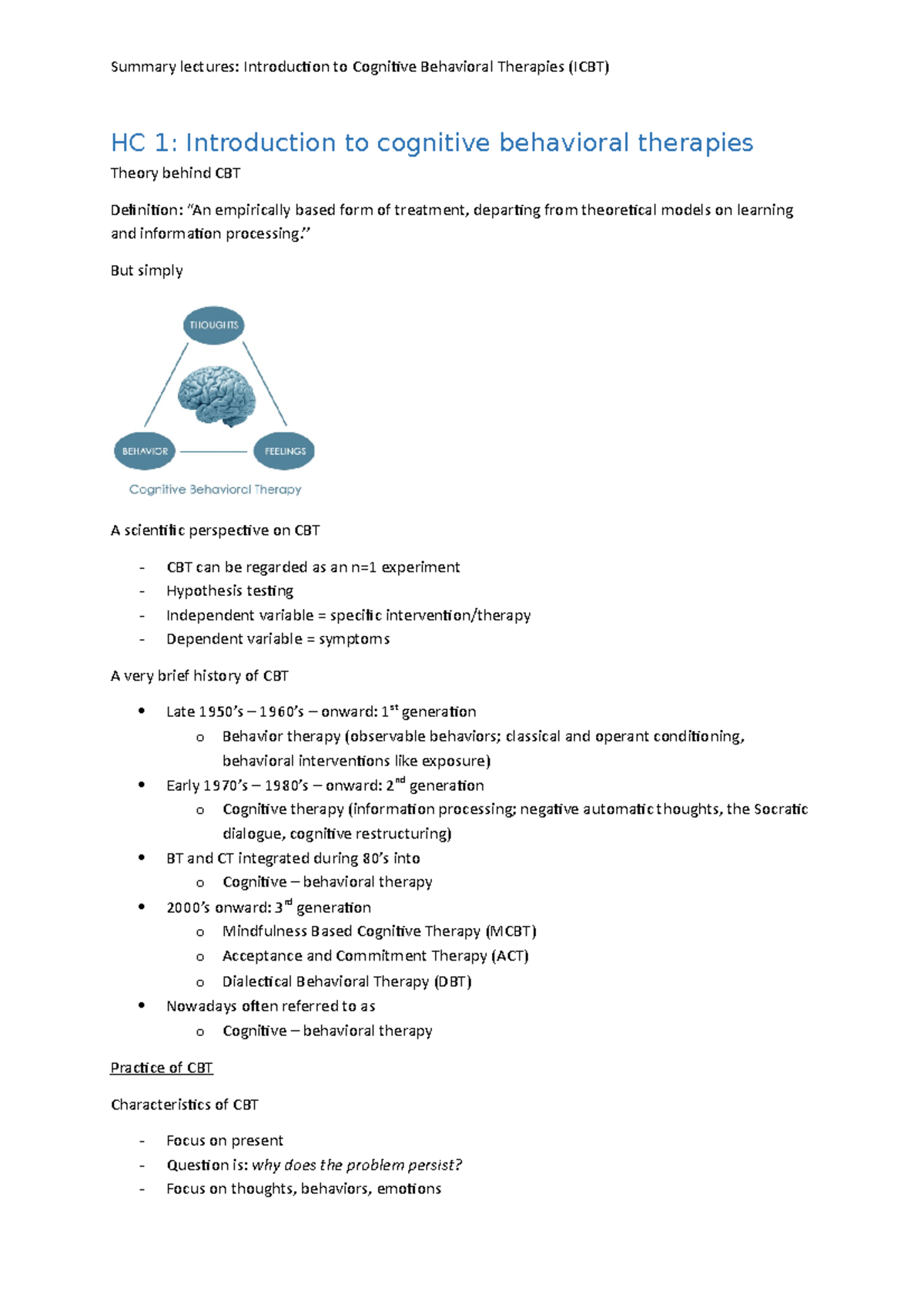Summary of HC Lecture Series on Cognitive Behavioral Therapy (CBT ...