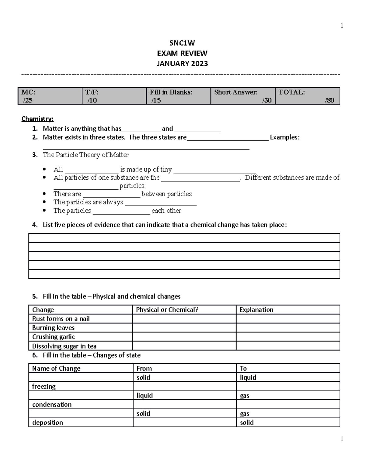 SNC1W Exam Review June 2023 - SNC1W EXAM REVIEW JANUARY 2023 - MC: / T ...