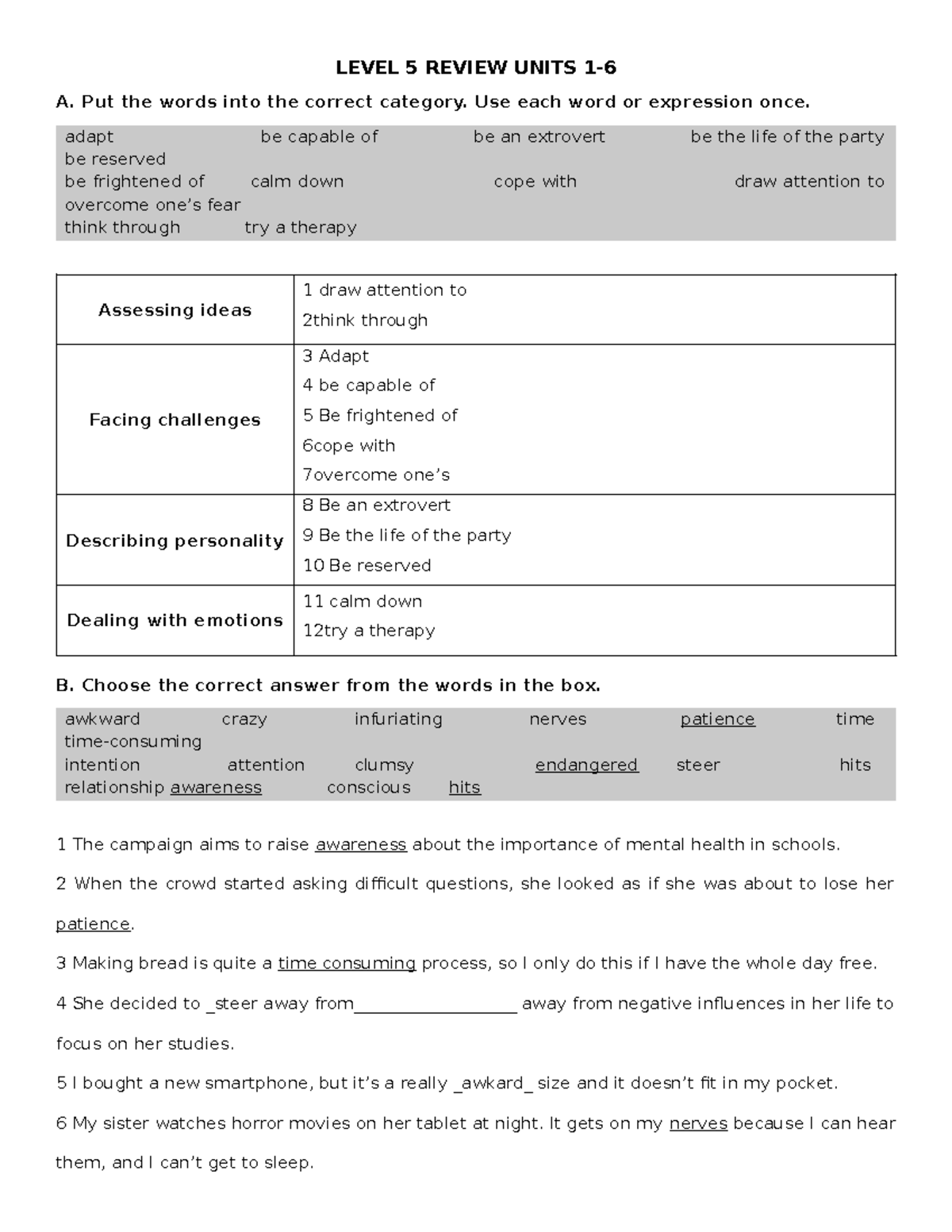 Level 5 Review Units 1-6: Categorizing Words & Answering Questions ...