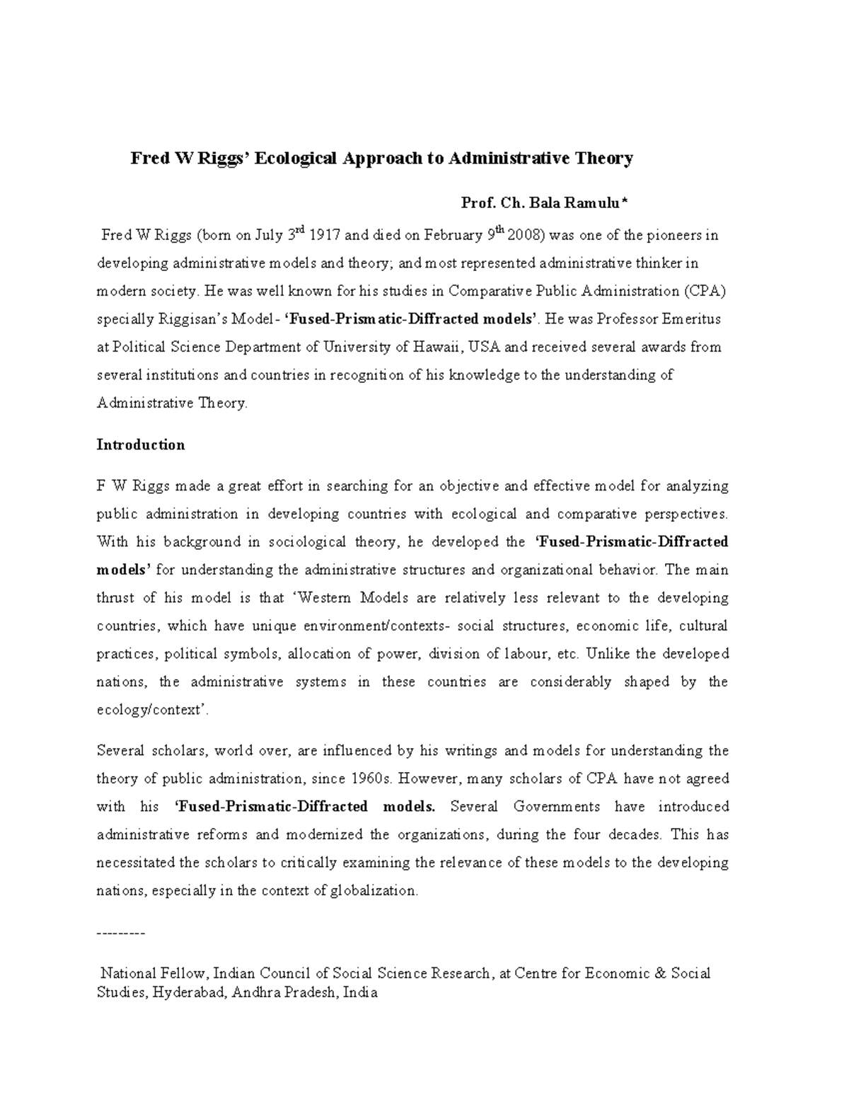 Fred W Riggs’ Ecological Approach in Public Administration Theory - Studocu