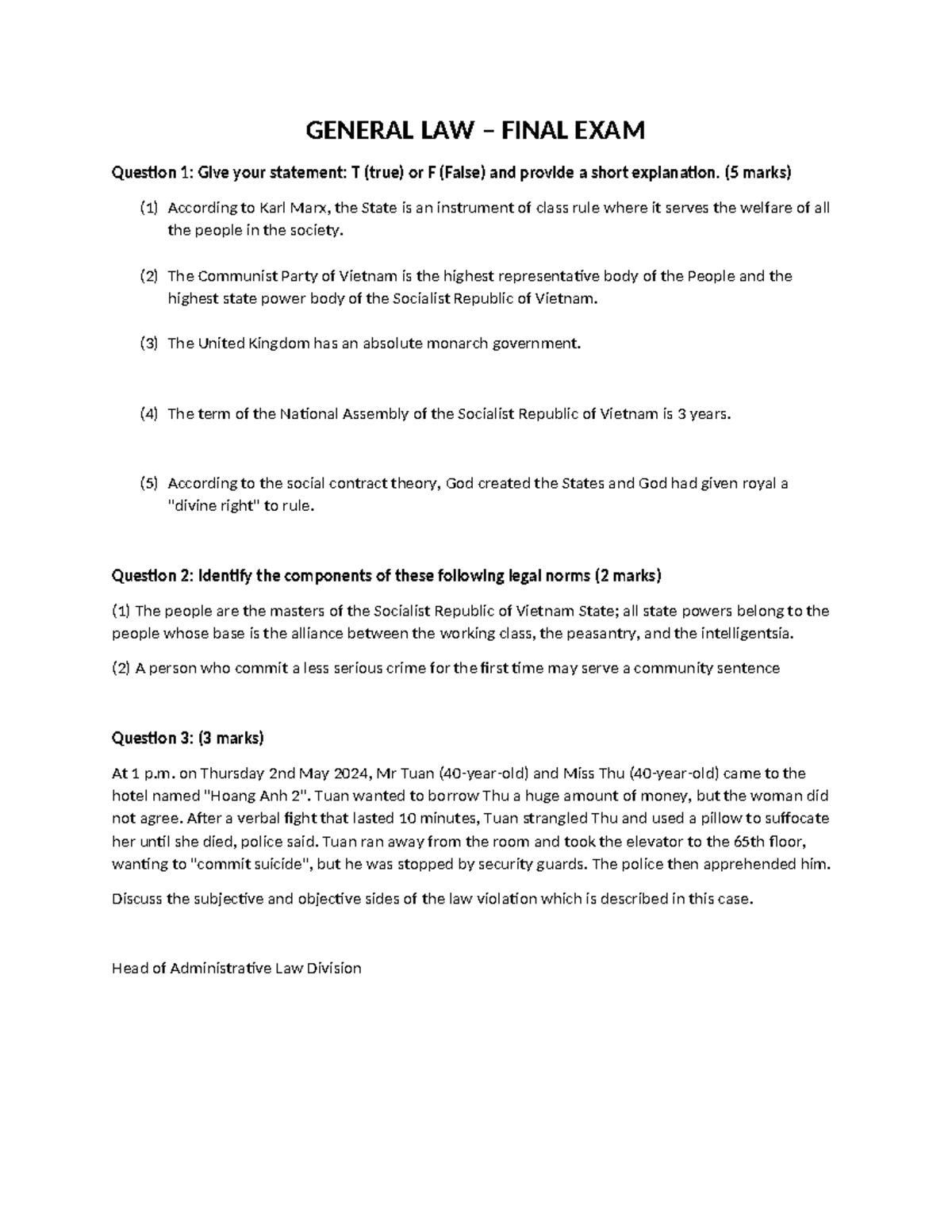 GENERAL LAW FINAL EXAM - Key Questions & Legal Analysis - Studocu