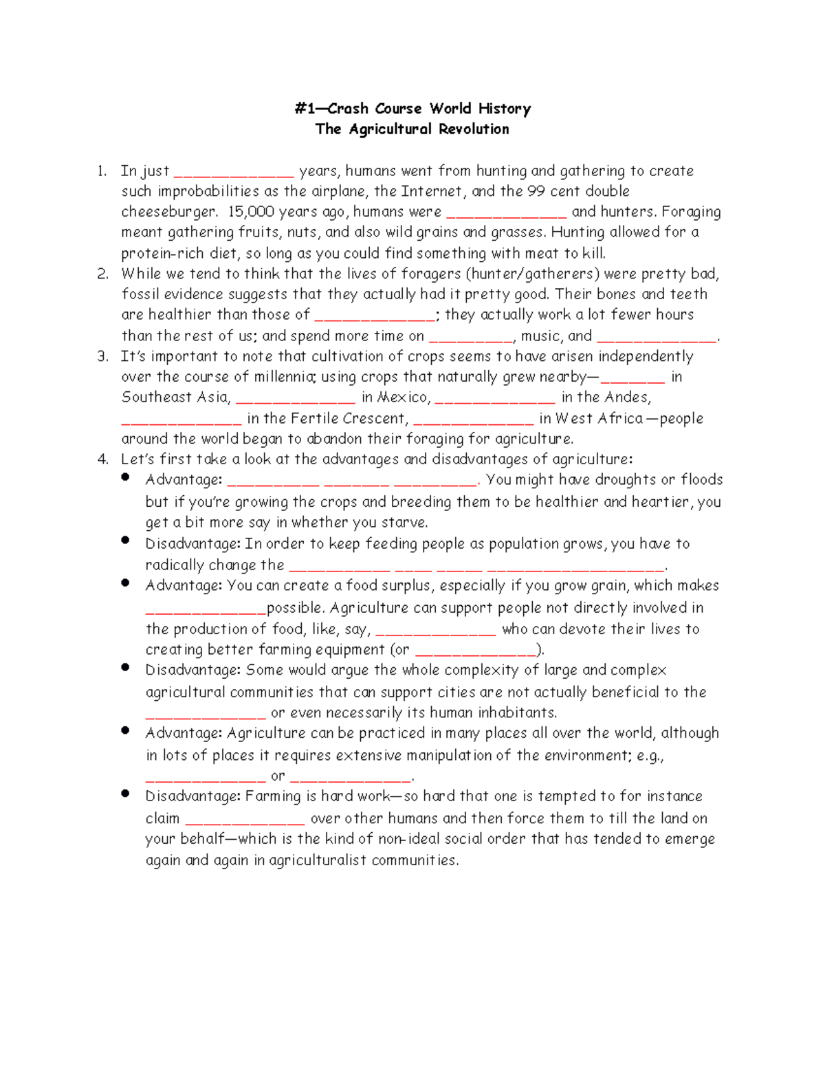 Agricultural Revolution Video Worksheet - #1—Crash Course World History ...