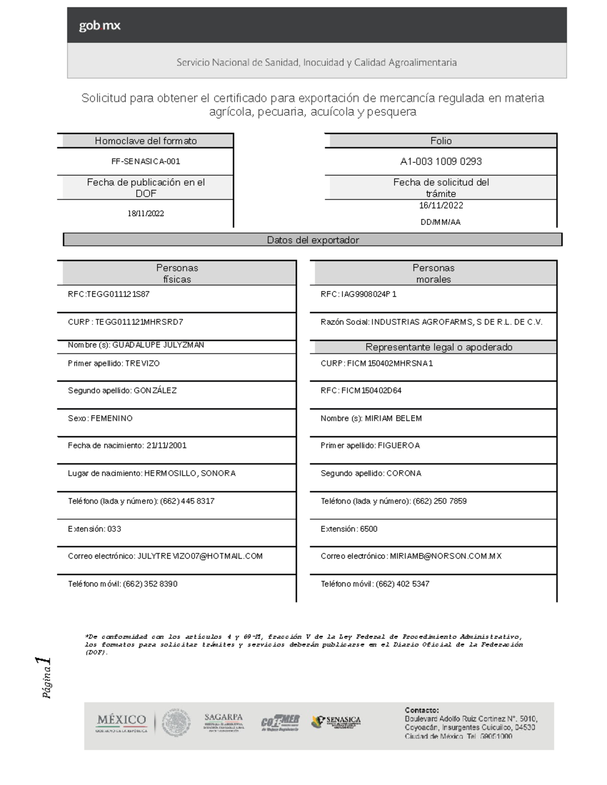 FF- Senasica-001 Exportaci n - Solicitud para obtener el certificado para exportación de ...