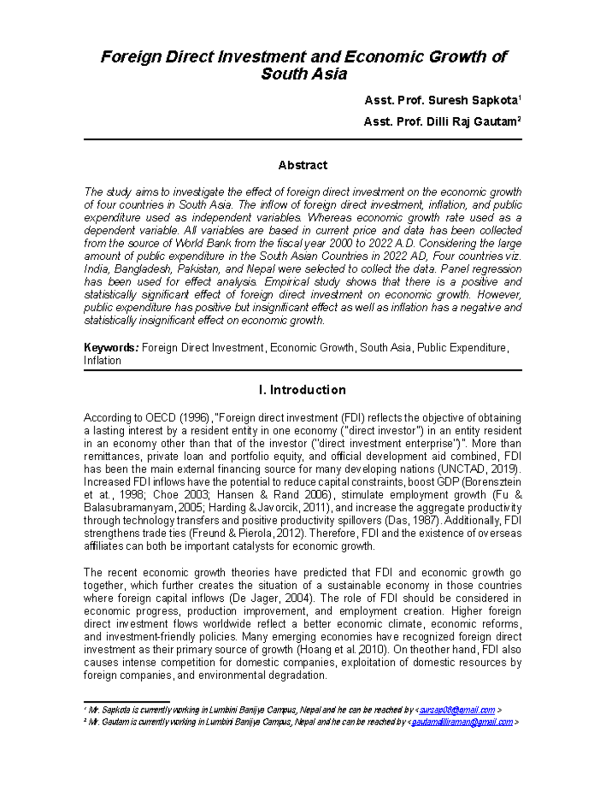 Foreign Direct Investment and Economic Growth in South Asia: A Study ...