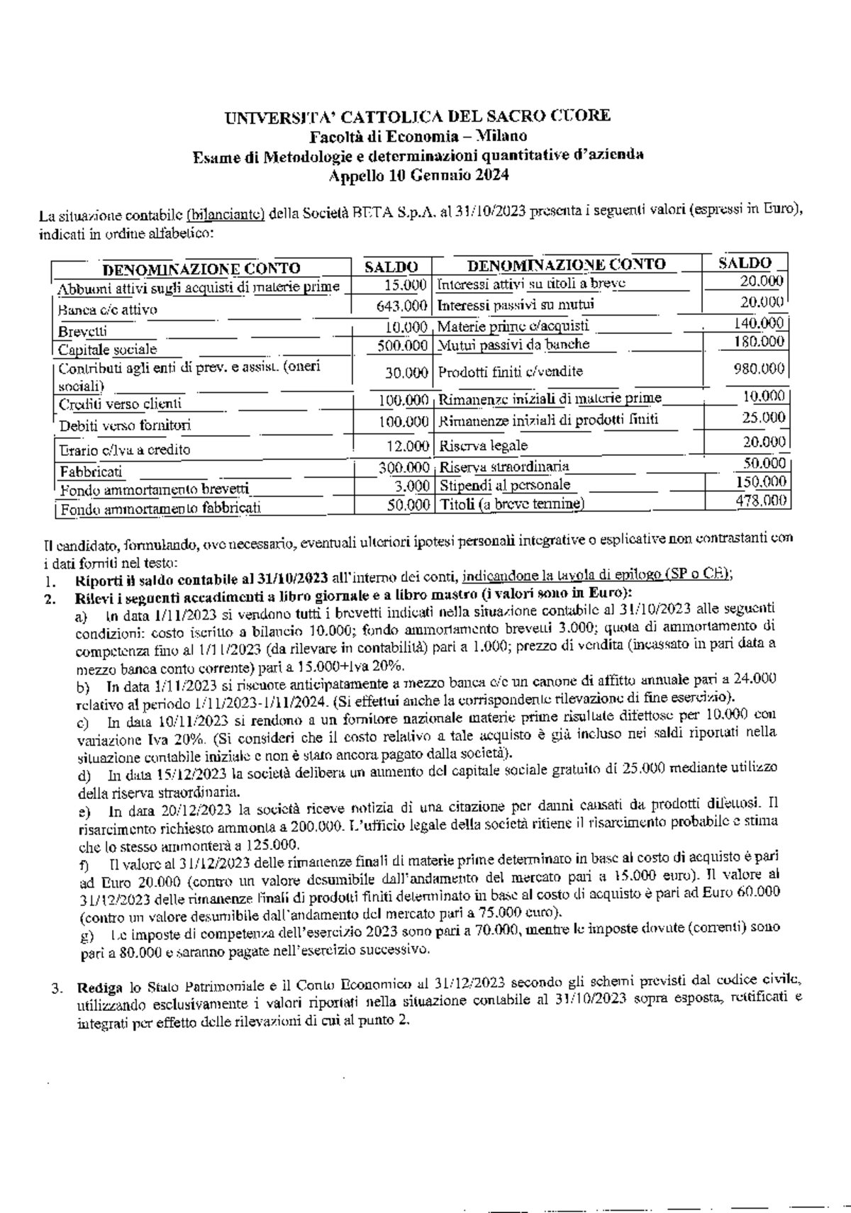 Esame di Contabilità CATTOLICA 10 Gennaio 2024: Situazione Contabile ...