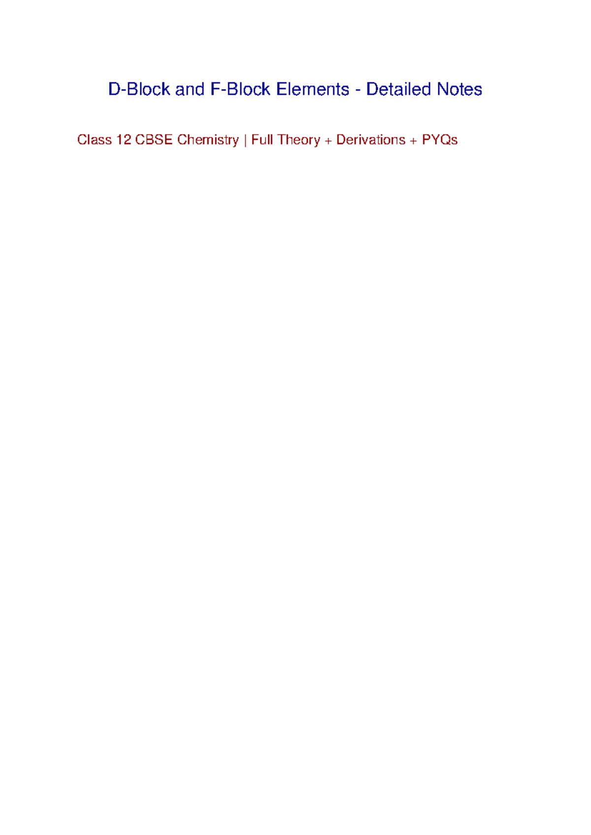 Class 12 CBSE Chemistry: D-Block Elements Detailed Notes & PYQs - Studocu
